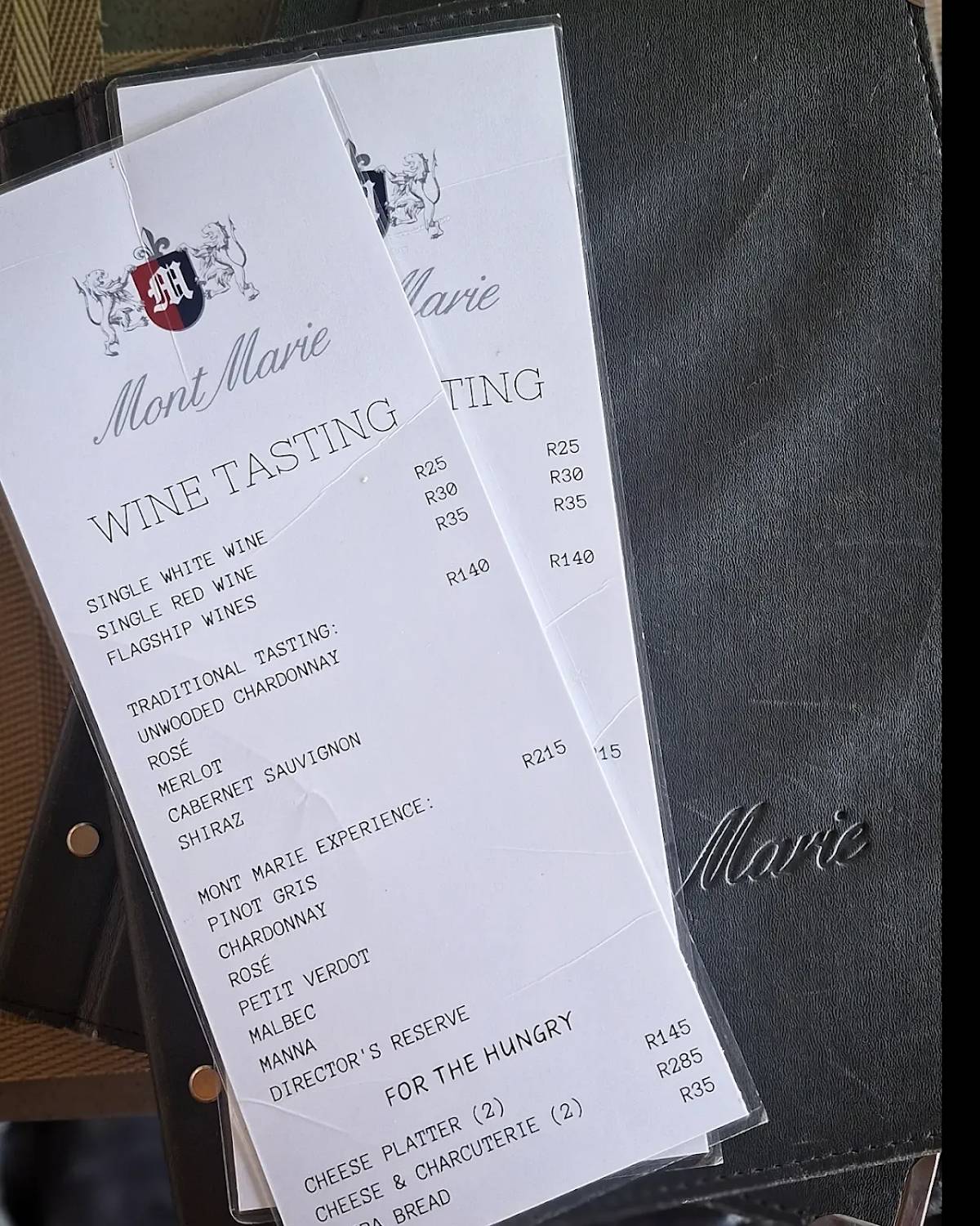 Carta de Mont Marie Restaurant, Stellenbosch