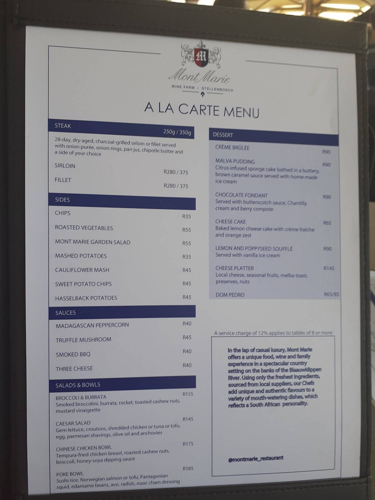 Menu at Mont Marie Restaurant, Stellenbosch
