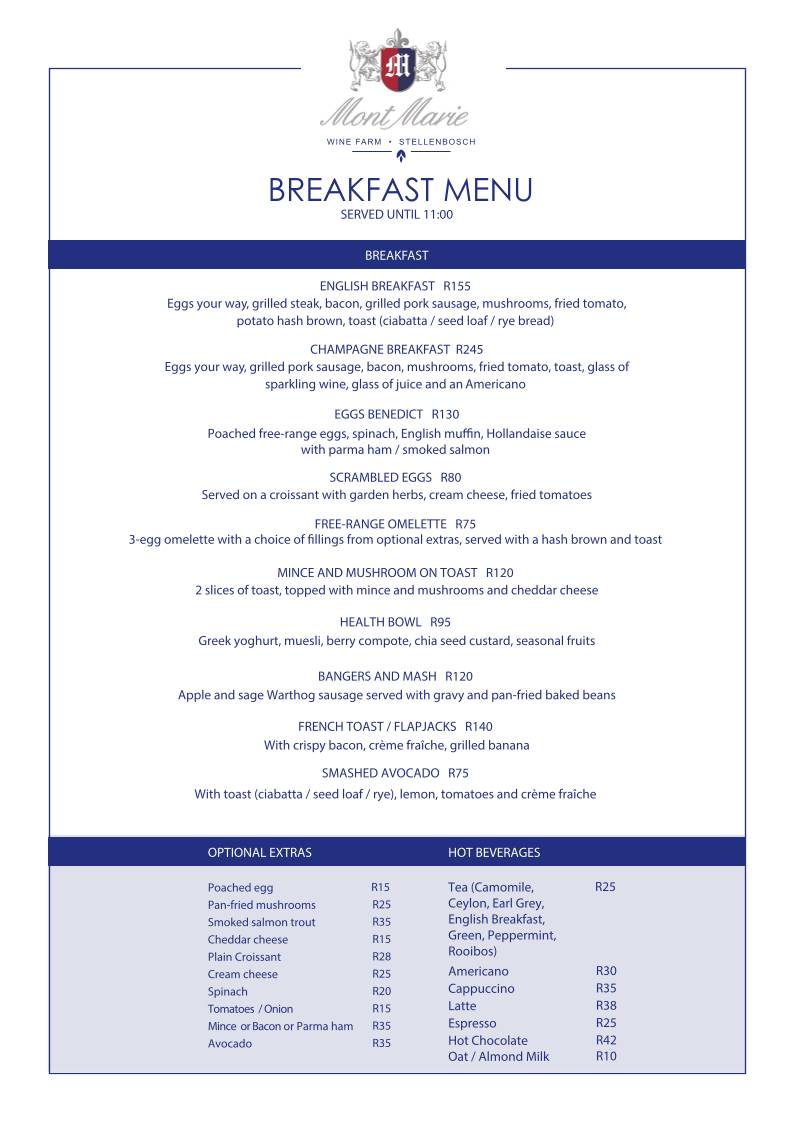 Speisekarte von Mont Marie Restaurant, Stellenbosch