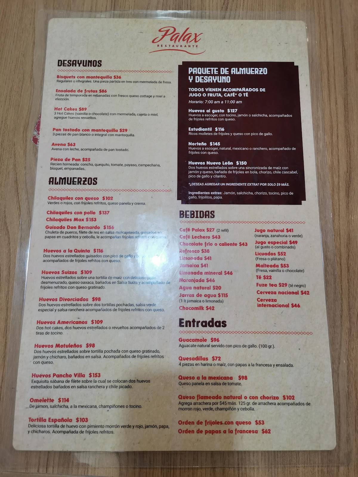 Carta de Restaurant Palax, Monterrey, Av. Francisco I. Madero 717