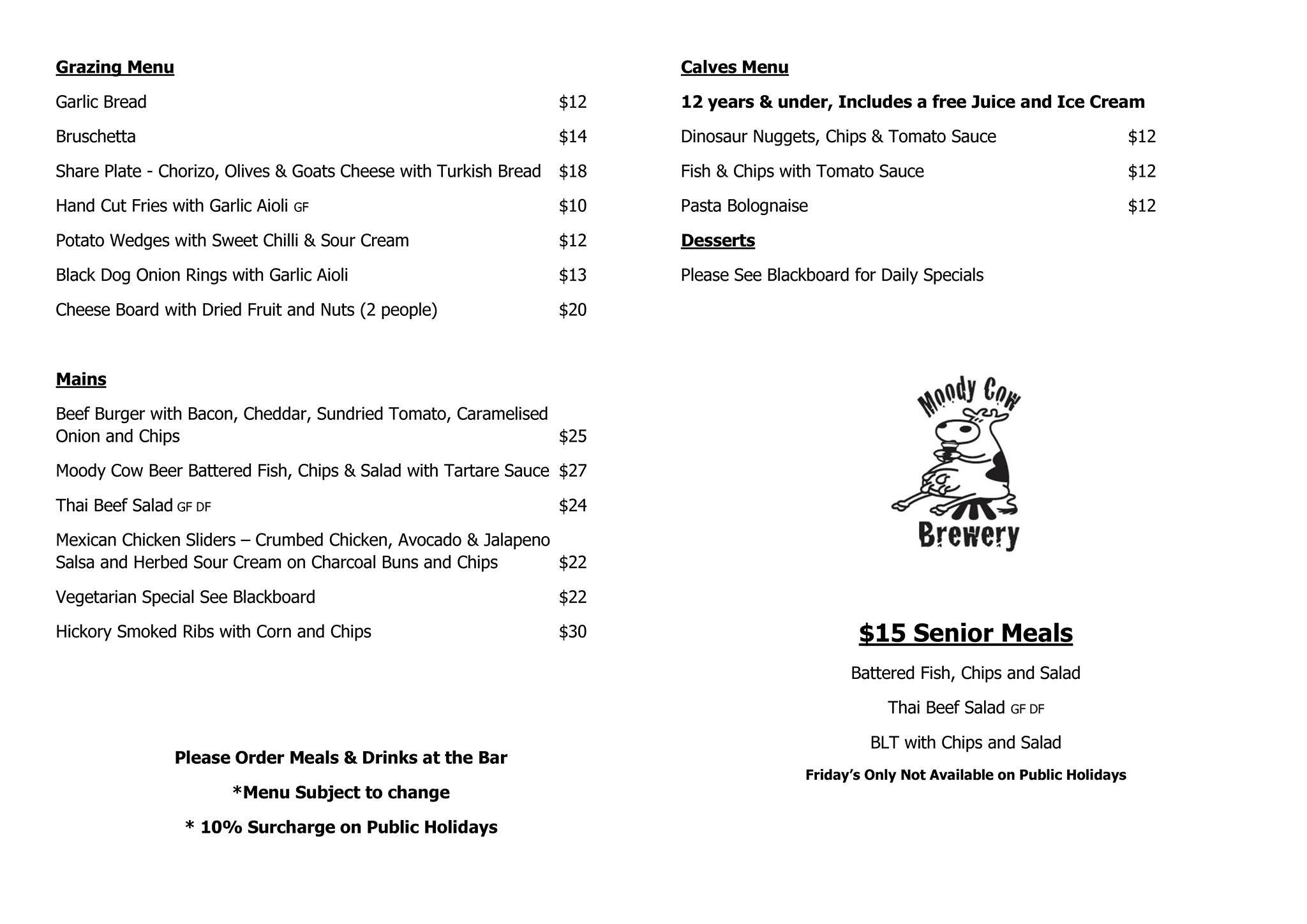 Menu at Moody Cow Brewery restaurant, Dardanup