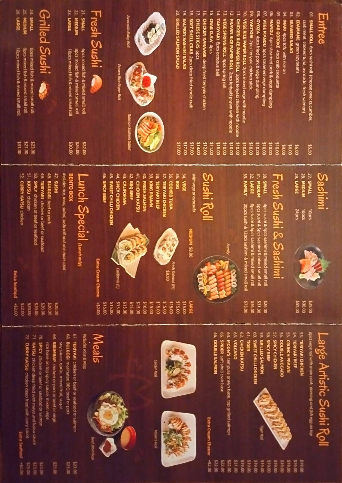 Menu at Moon Sushi restaurant, Woonona