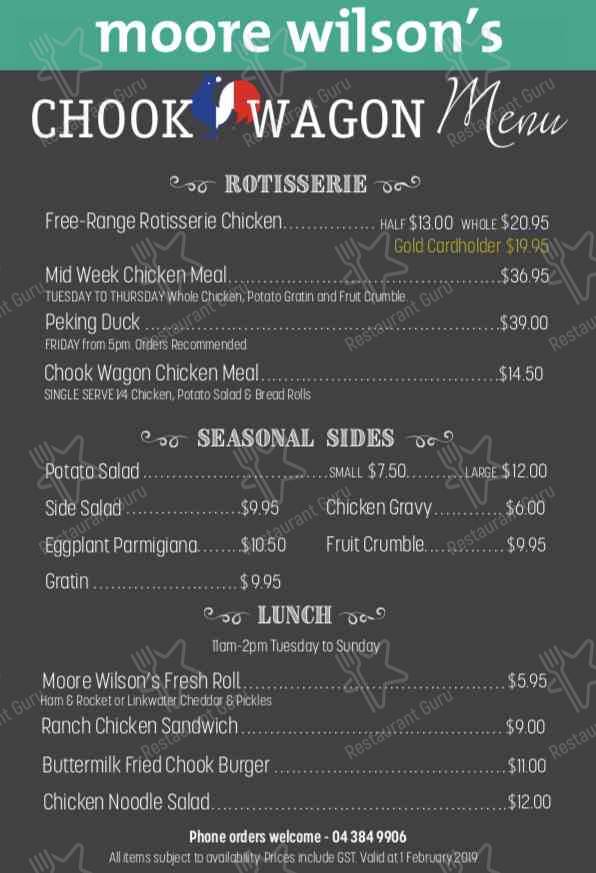 Menu at Chook Wagon, Wellington
