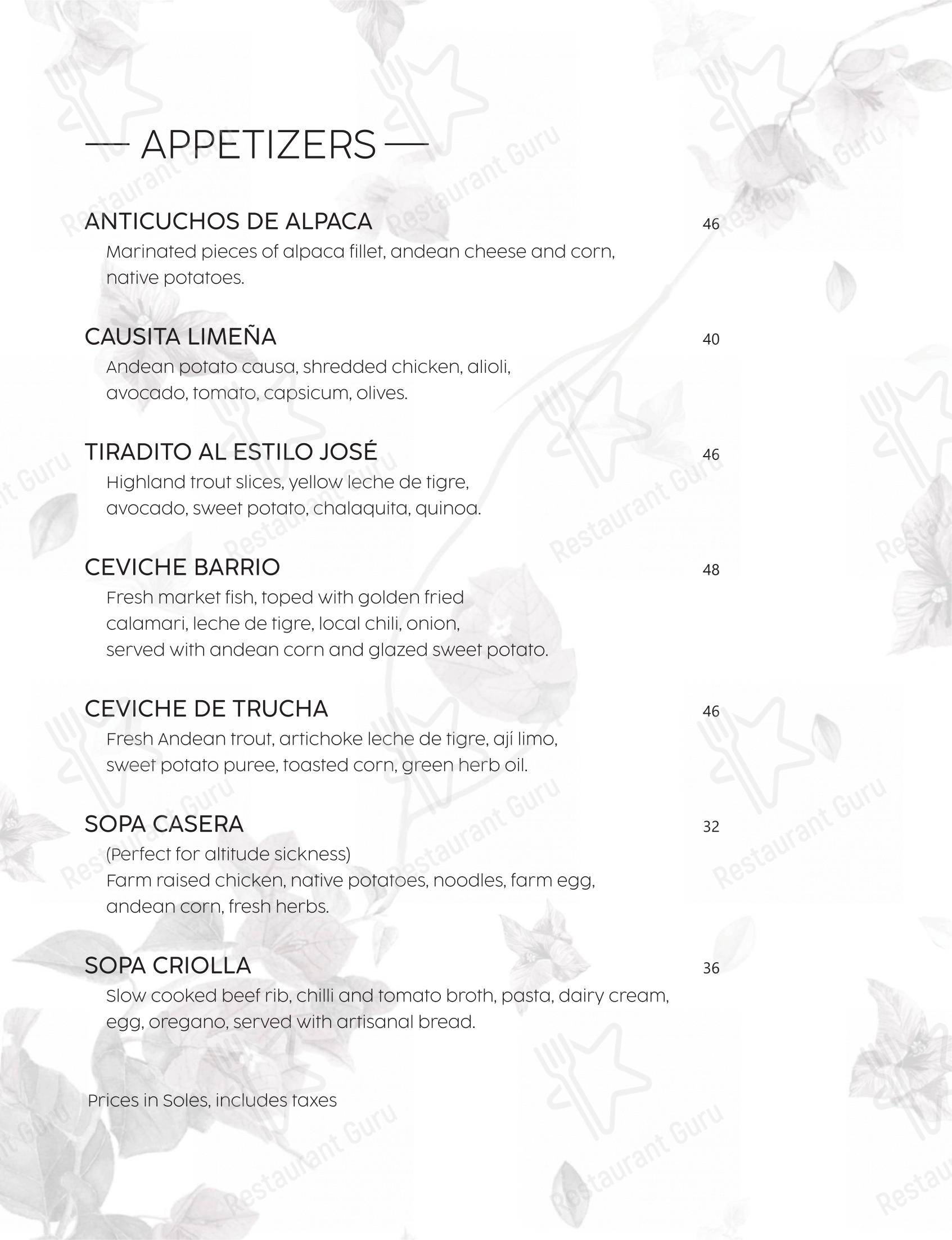 Menu at Morena Peruvian Kitchen restaurant, Cusco