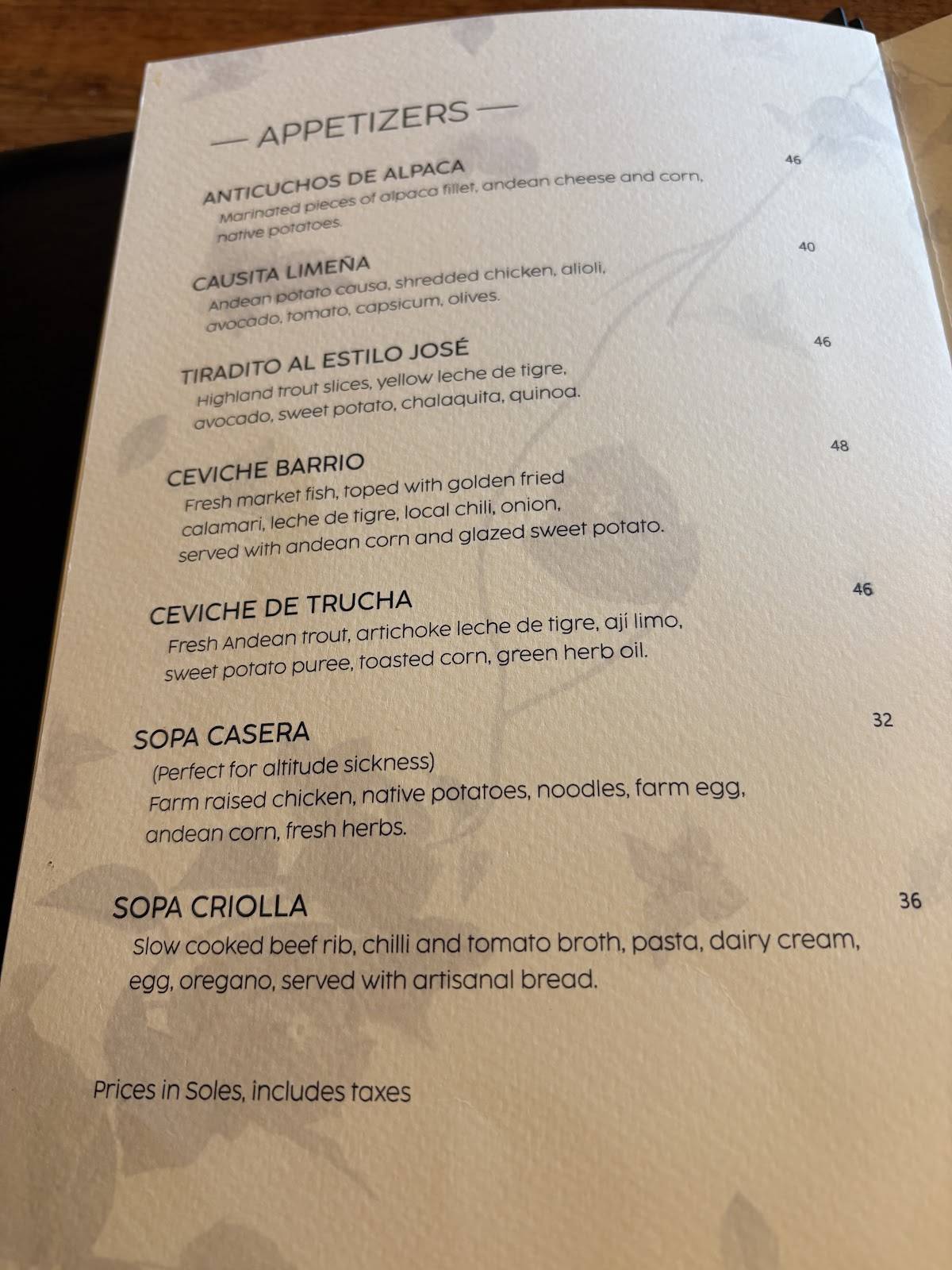 Menu at Morena Peruvian Kitchen restaurant, Cusco