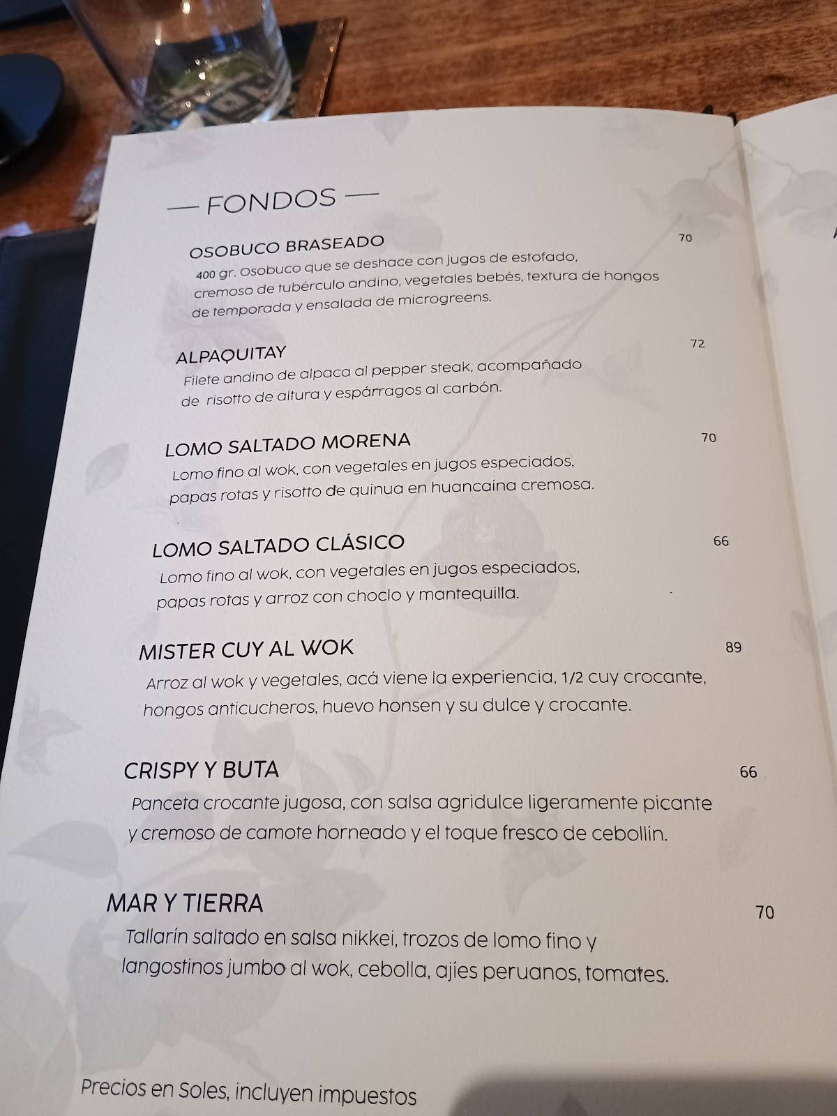 Menu at Morena Peruvian Kitchen restaurant, Cusco