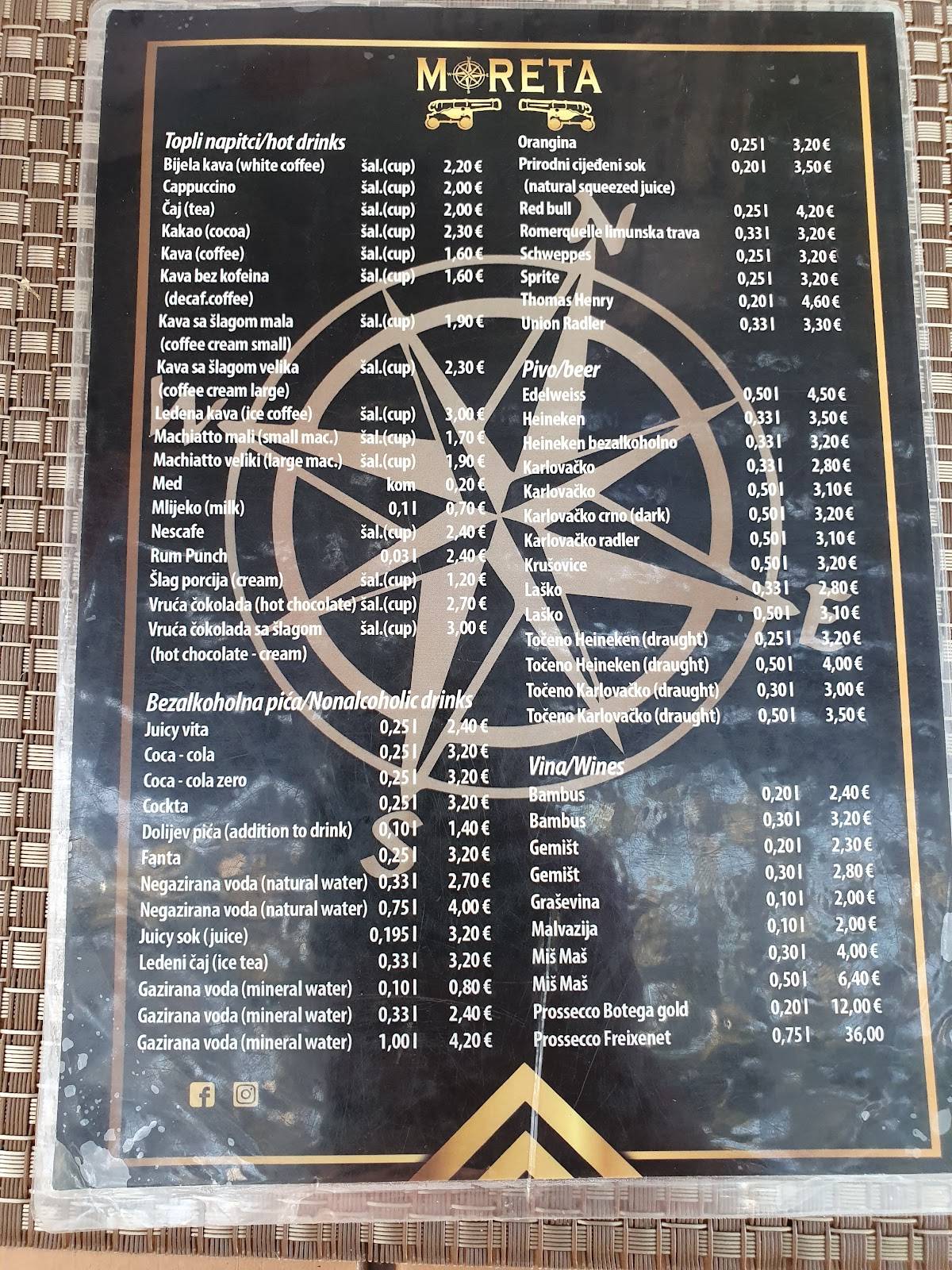 Menu at Moreta restaurant, Privlaka, Trg koliste 1
