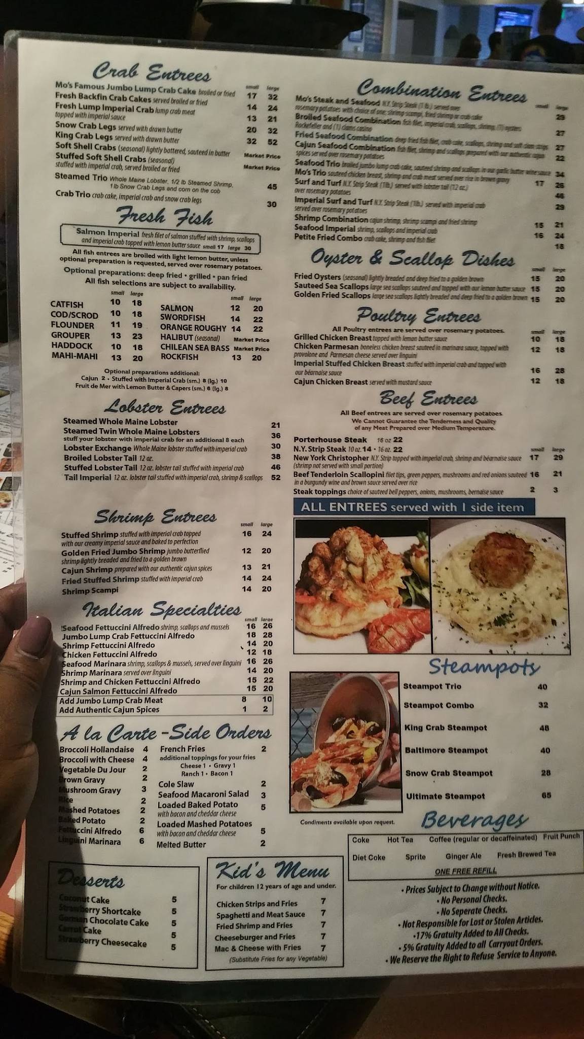 Menu at Mo's Seafood restaurant, Towson, E Joppa Rd