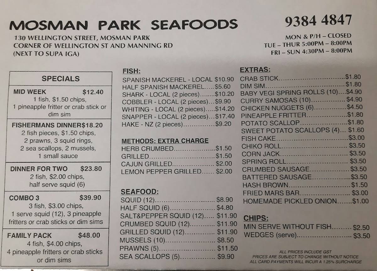 Menu at Mosman Park Seafoods restaurant, Mosman Park