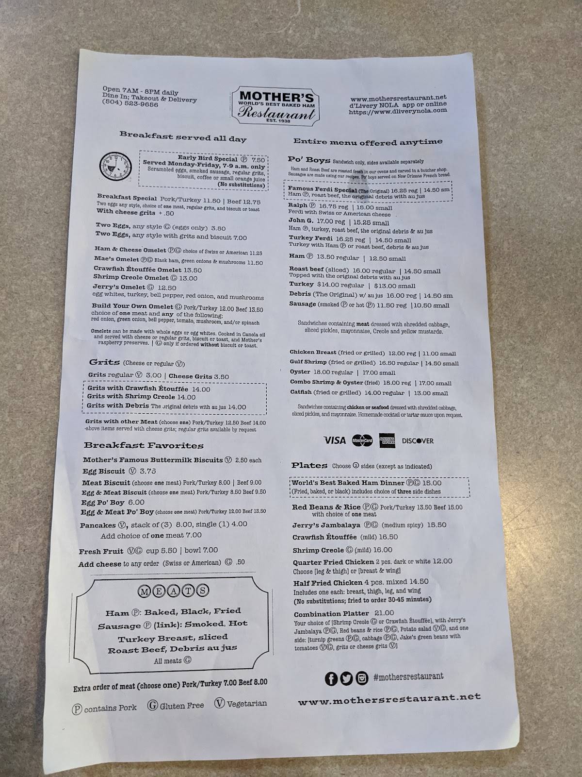 Menu at Mother's Restaurant, New Orleans