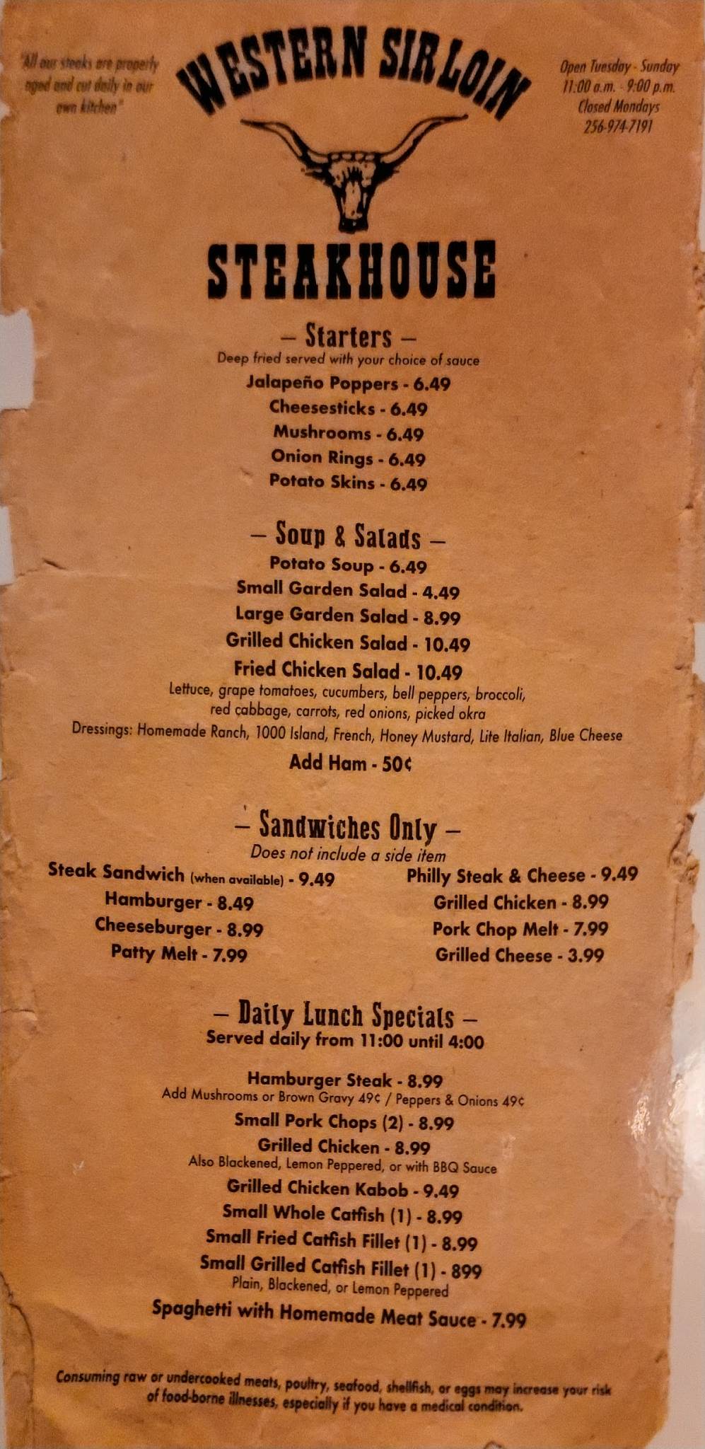 Menu at Western Sirloin Steakhouse, Moulton, AL-157