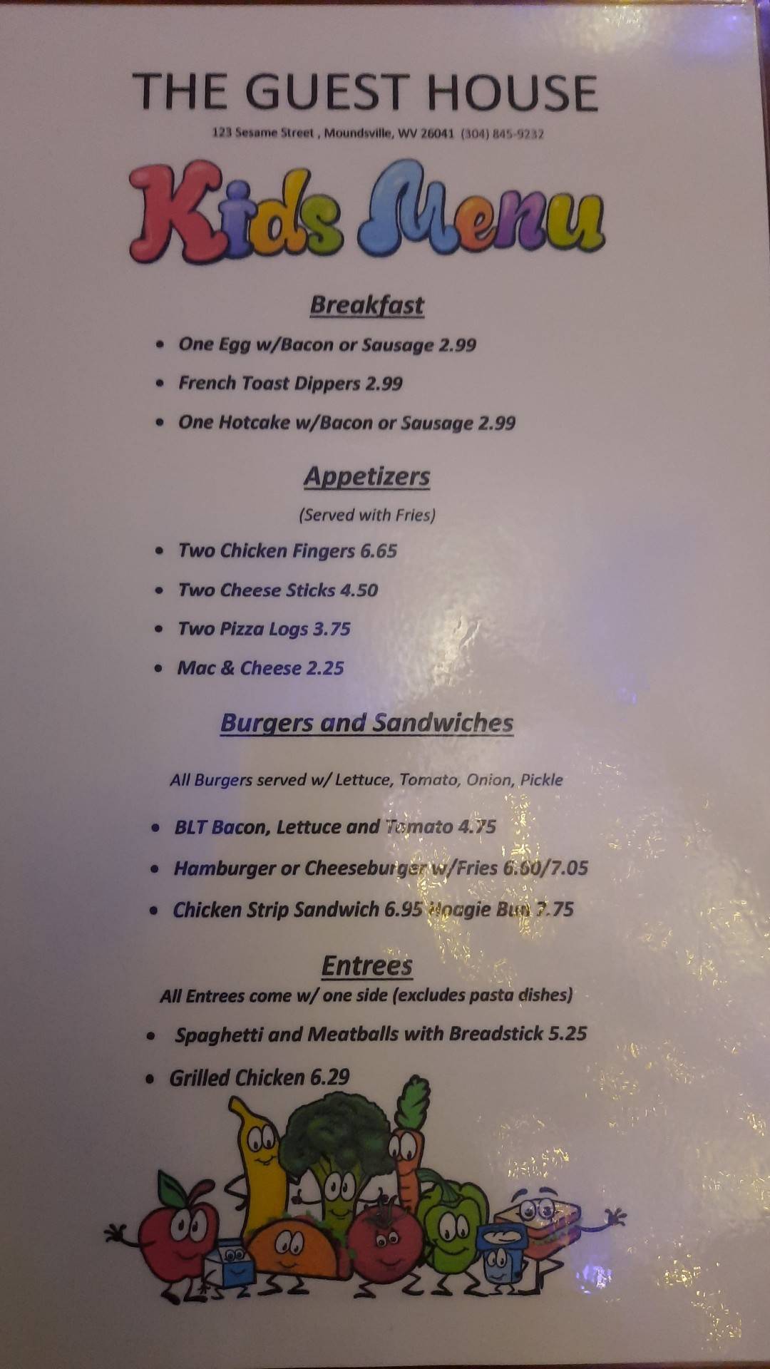 Menu at The Guest House Restaurant, Moundsville