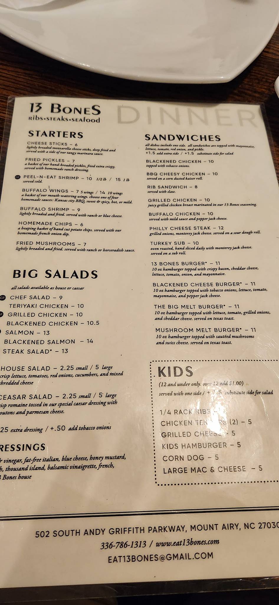 Menu at 13 Bones Restaurant, Mount Airy