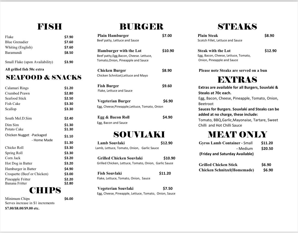 Menu at Fish Palace Mount Evelyn fast food, Mount Evelyn