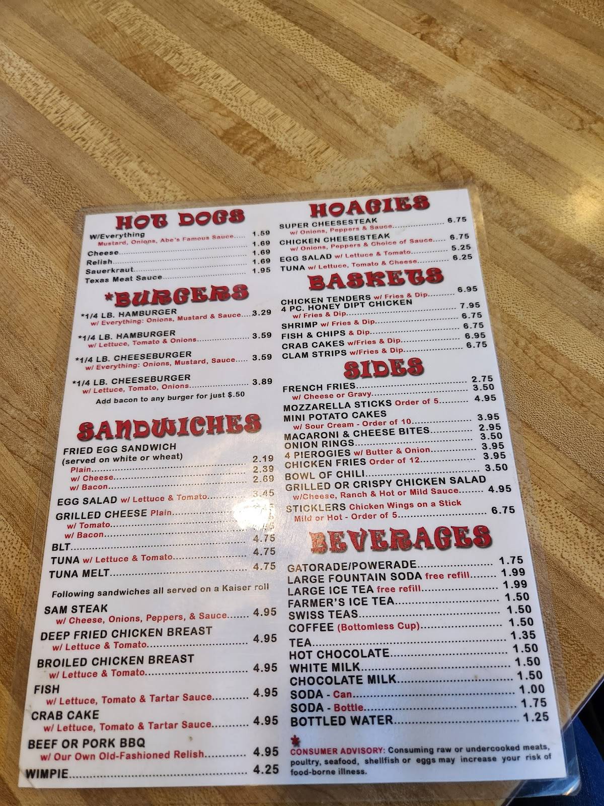 Menu at Abe's Hot Dogs fast food, Mountain Top