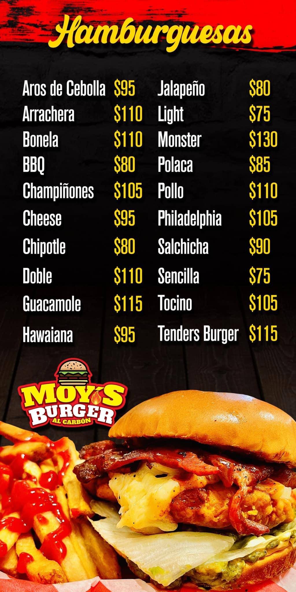 Menu at Moy’s Burger restaurant, Agua Fría