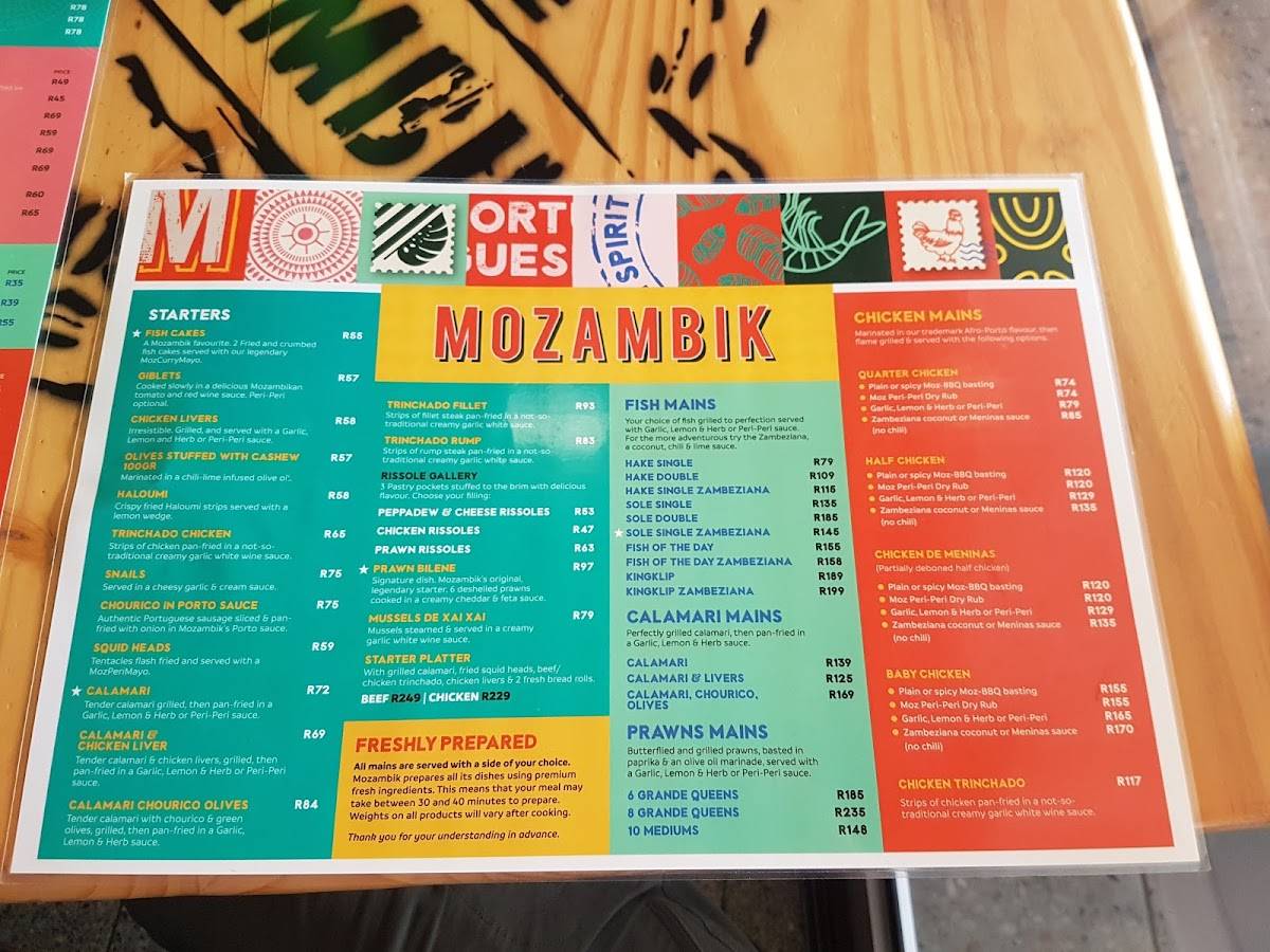 Carta del restaurante Mozambik V & A Waterfront, Ciudad del Cabo