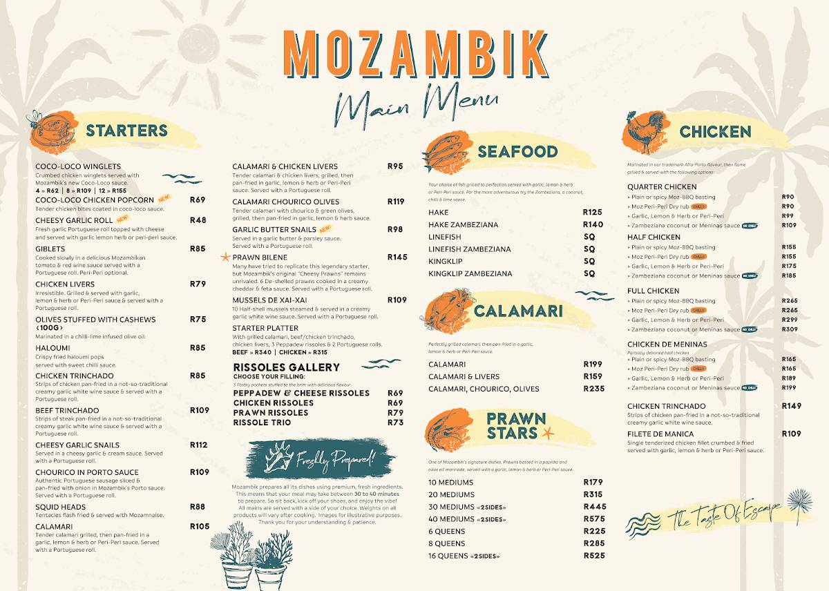 Menu at Mozambik V & A Waterfront restaurant, Cape Town