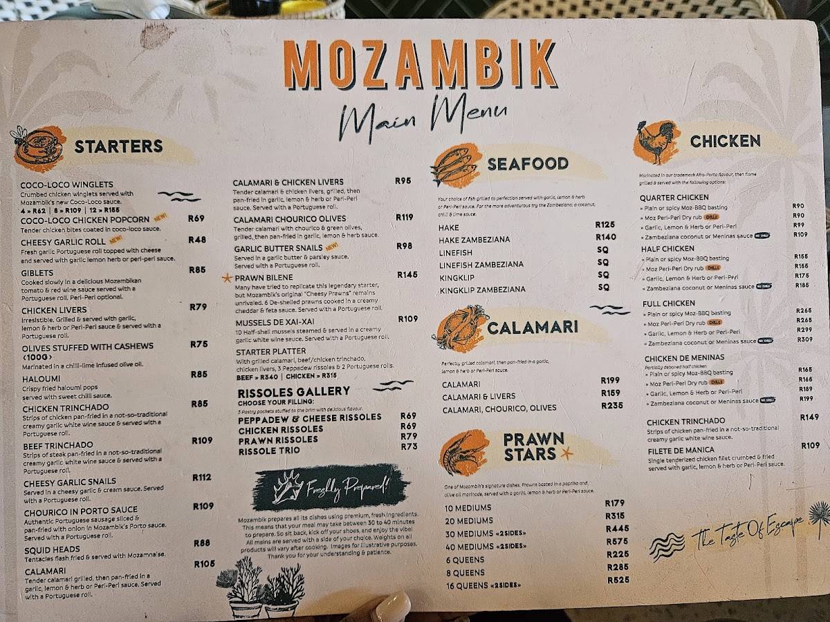 Menu at Mozambik V & A Waterfront restaurant, Cape Town