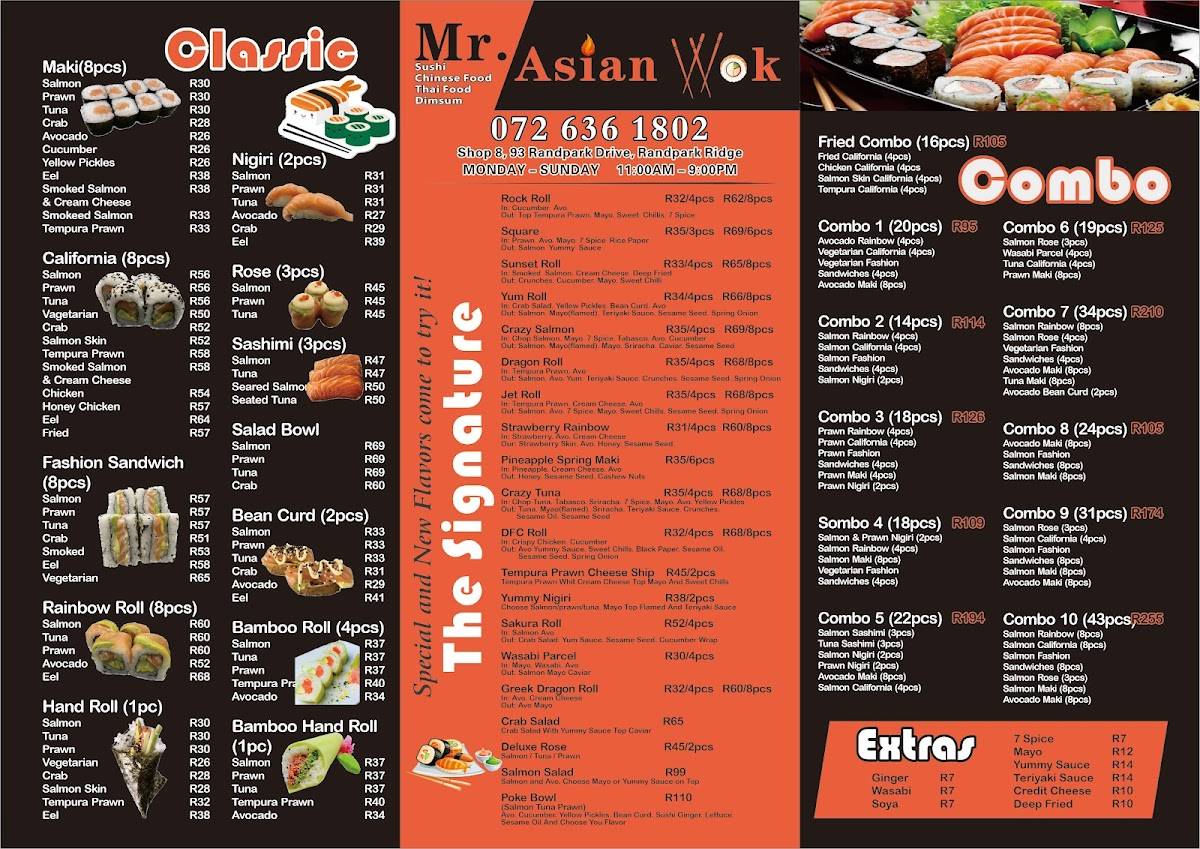 Menu at Mr.Asian wok restaurant, South Africa