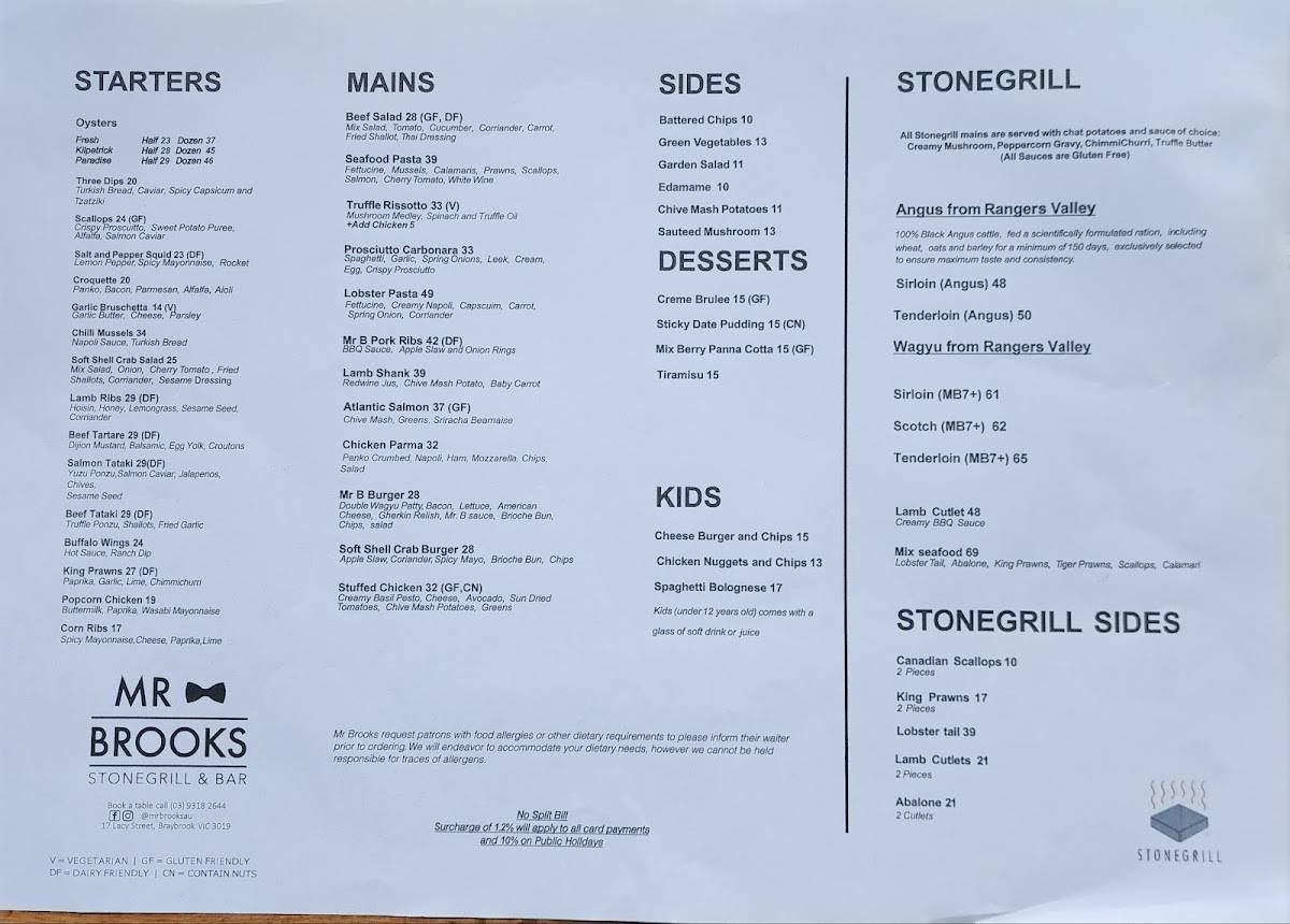 Menu at Mr Brooks Stonegrill & Bar, Braybrook