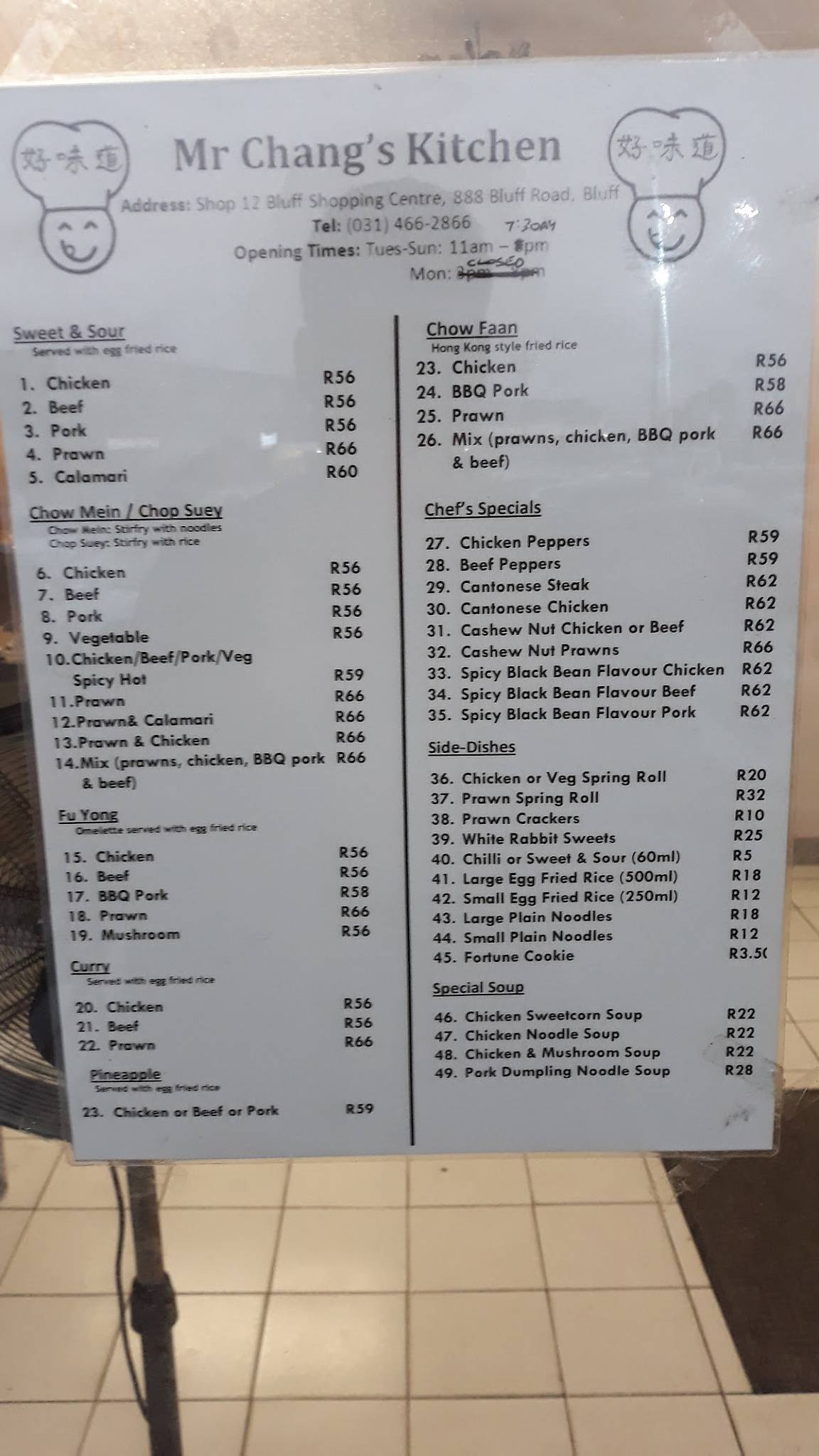 Menu at Mr. Chang's Kitchen restaurant, Durban