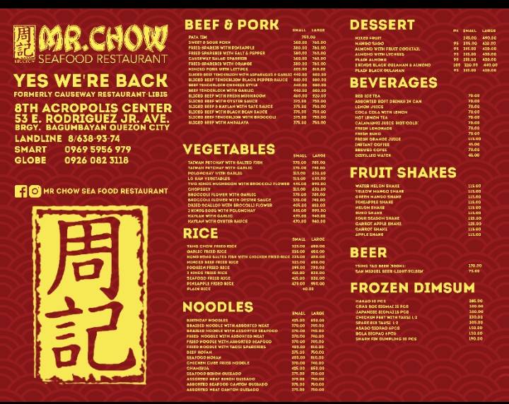 Menu at Mr Chow Seafood Restaurant - Acropolis, Quezon City, 8th