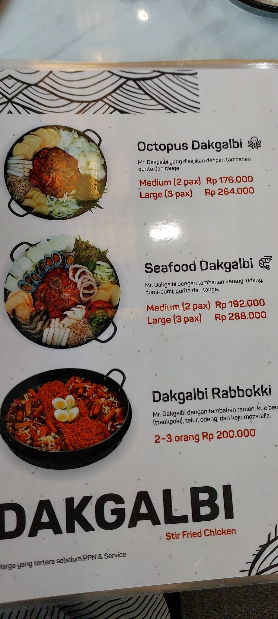 Menu at Mr. Dakgalbi restaurant, South Jakarta