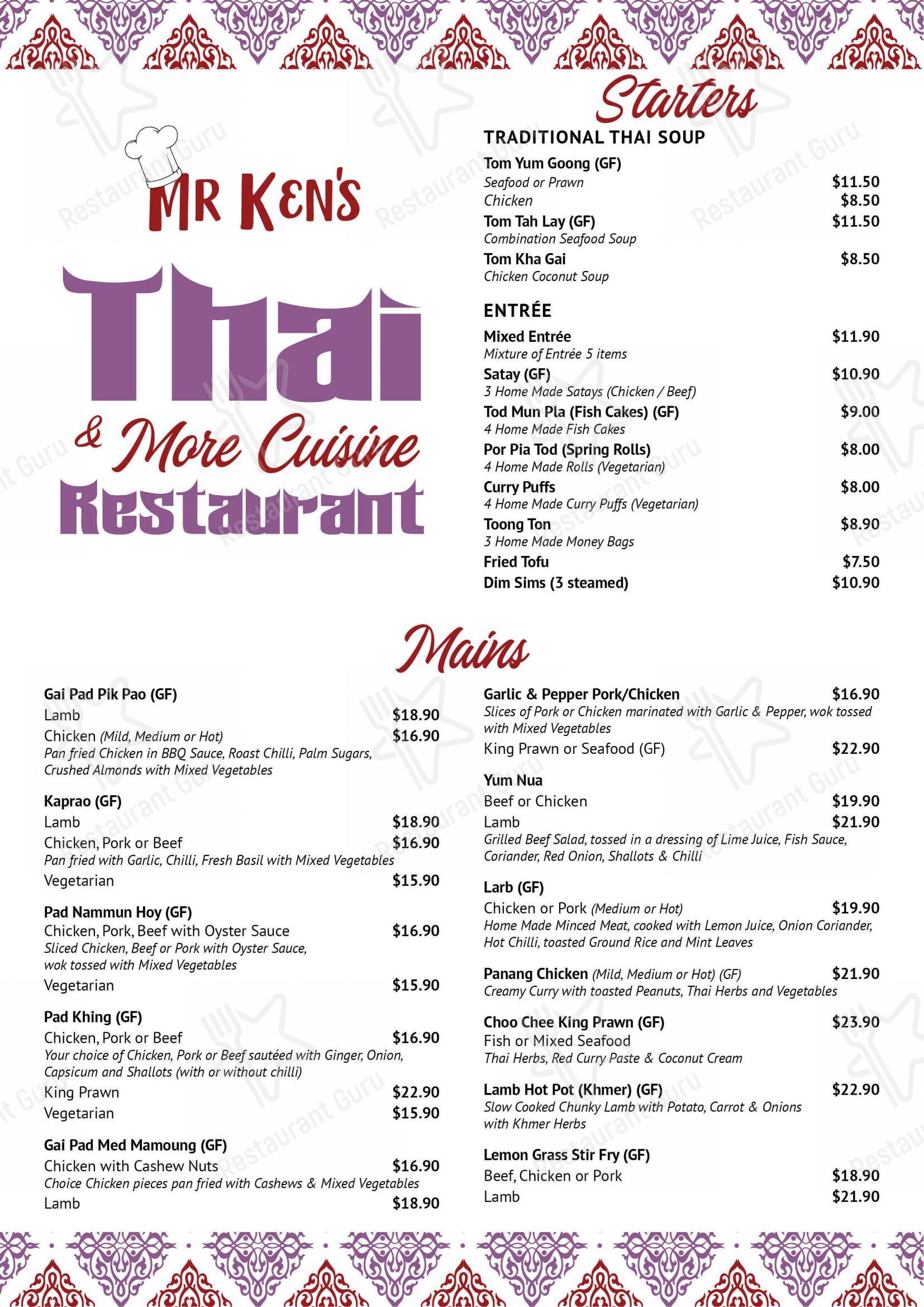 Menu at Mr Ken's Thai And More Cuisine Restaurant, Laidley