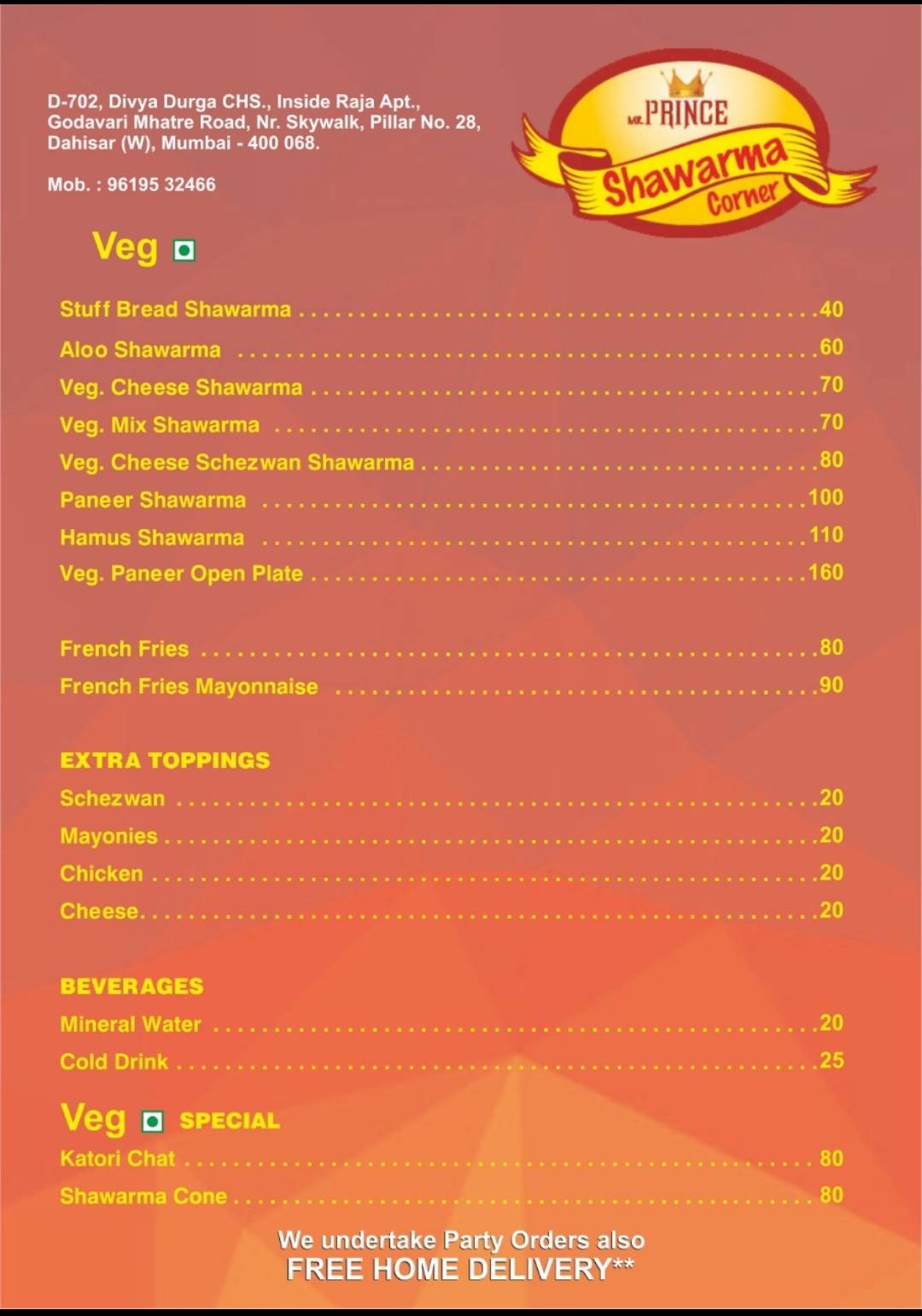 Menu at Mr.Prince Shawarma Corner, Mumbai