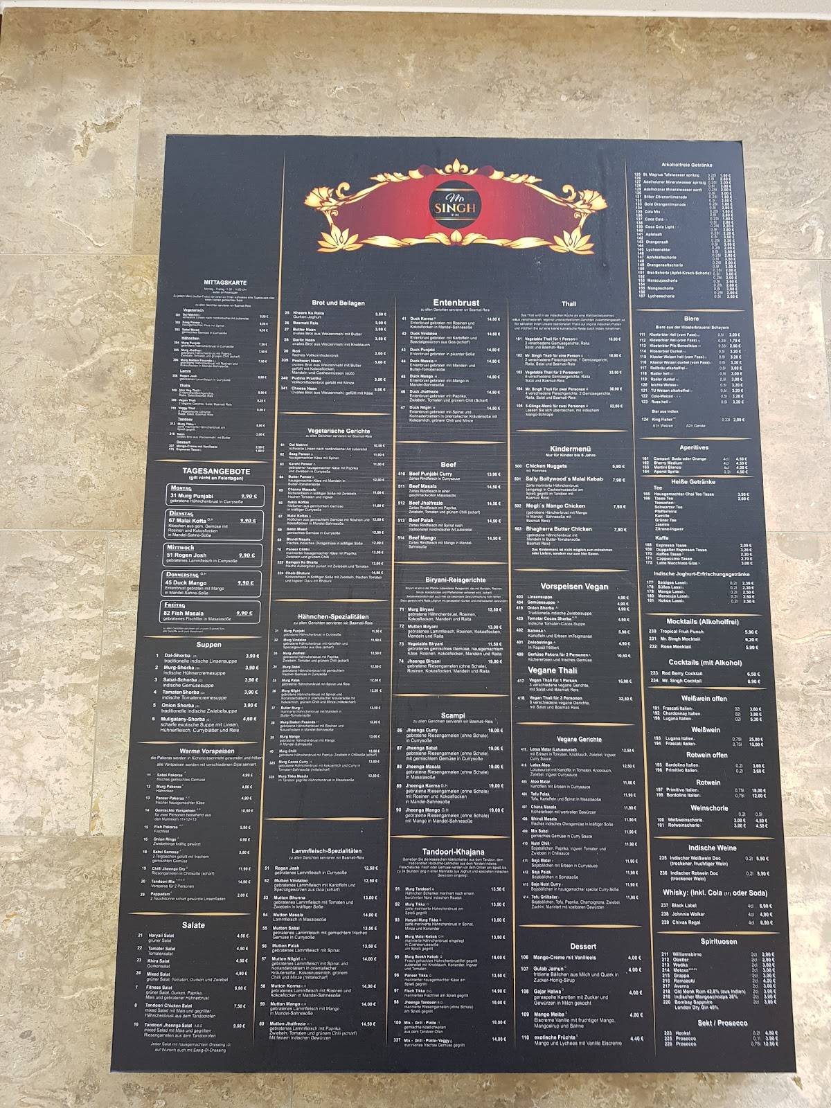 Speisekarte von Mr Singh restaurant, Pfaffenhofen an der Ilm