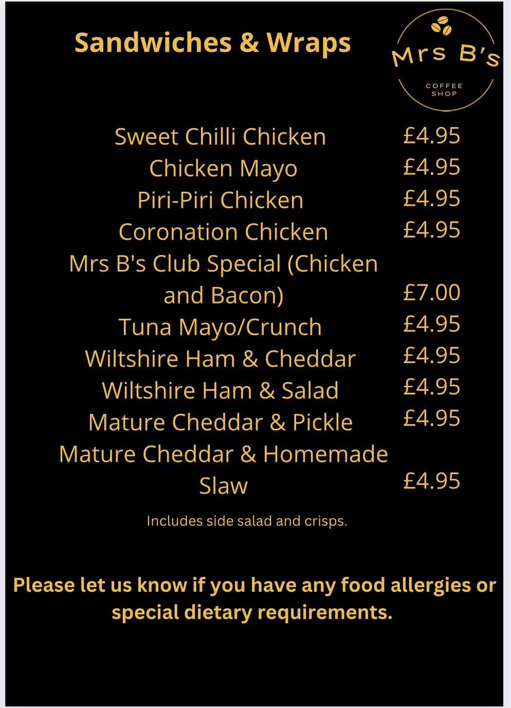 Menu at Mrs B's Coffee Shop, Bristol