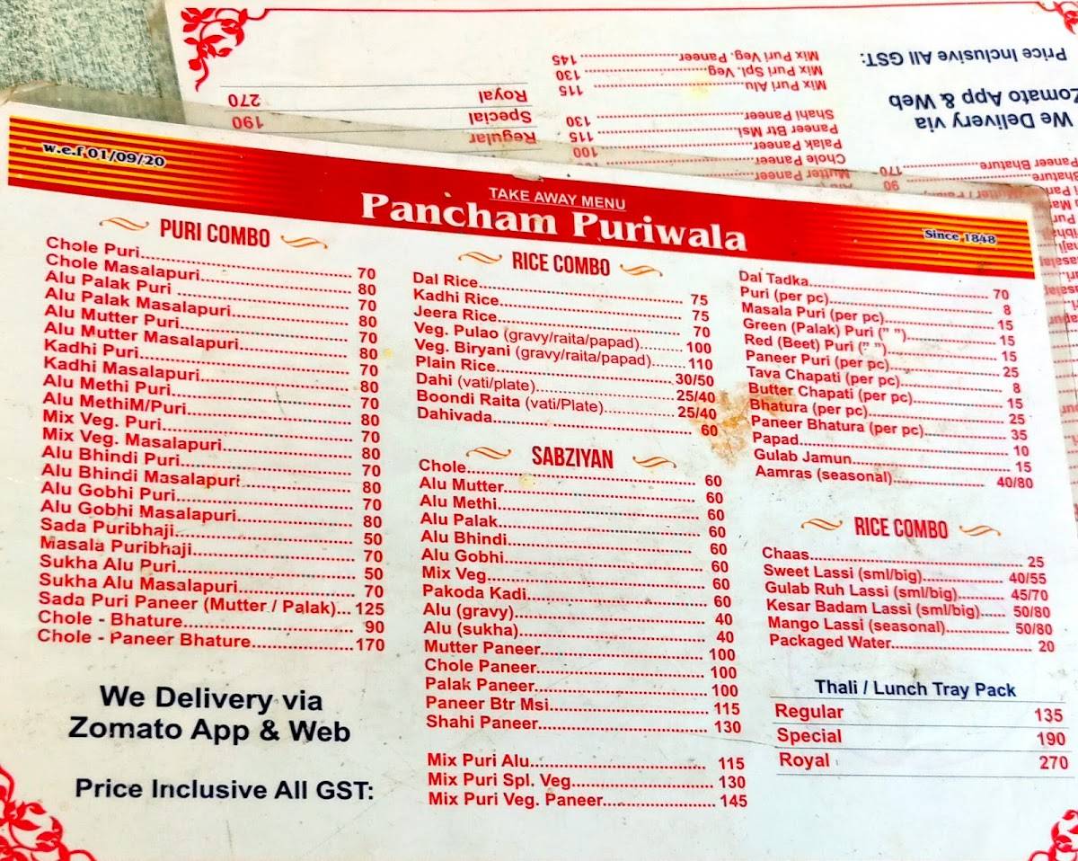 Menu at Pancham Puriwala, Mumbai