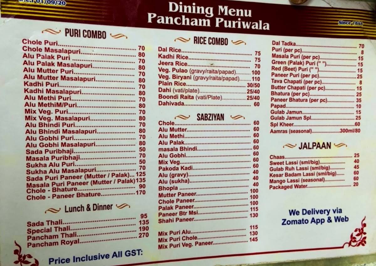 Menu at Pancham Puriwala, Mumbai