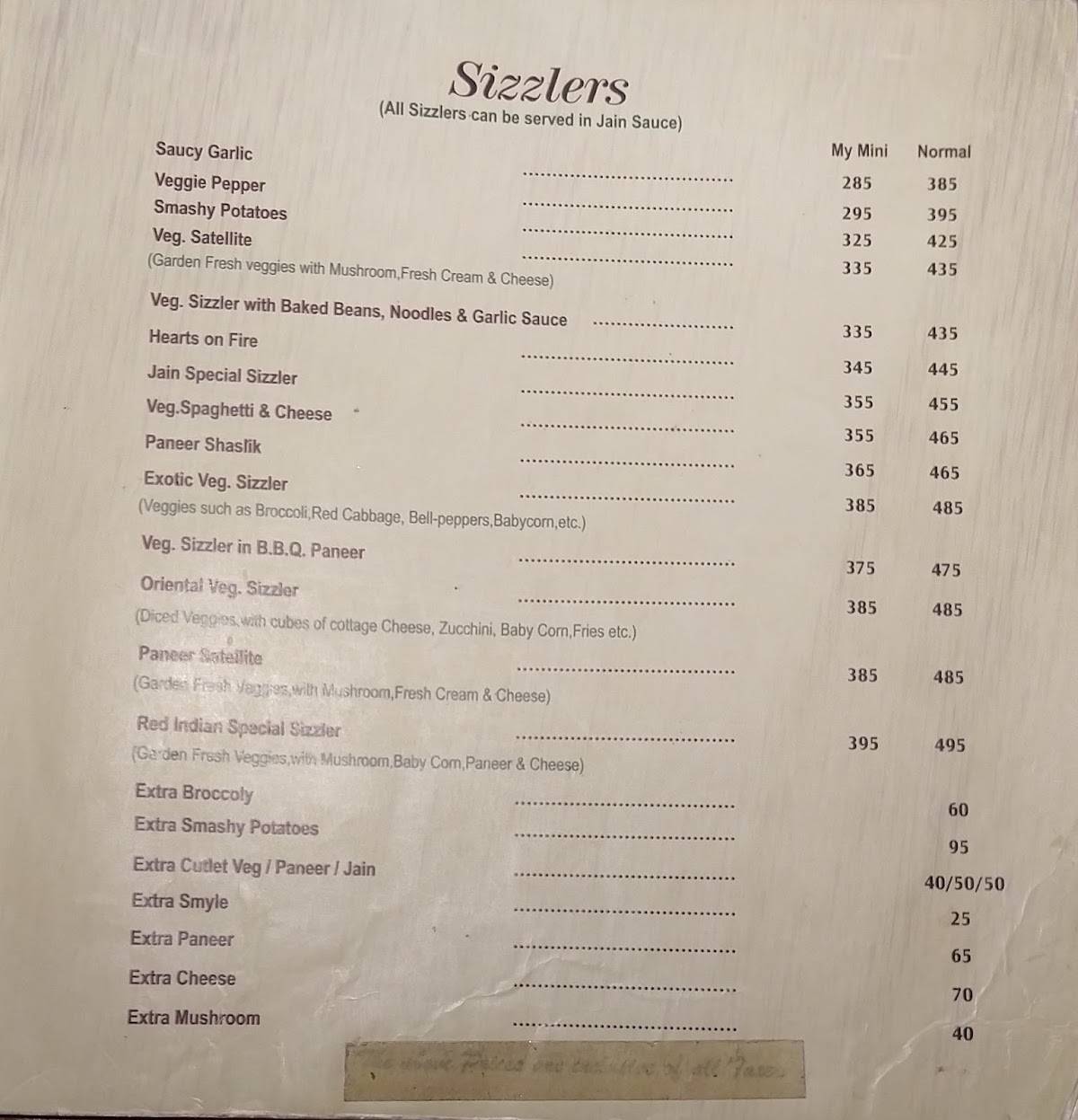 Menu at Red Indian Sizzlers, Mumbai, Telephone Exchange