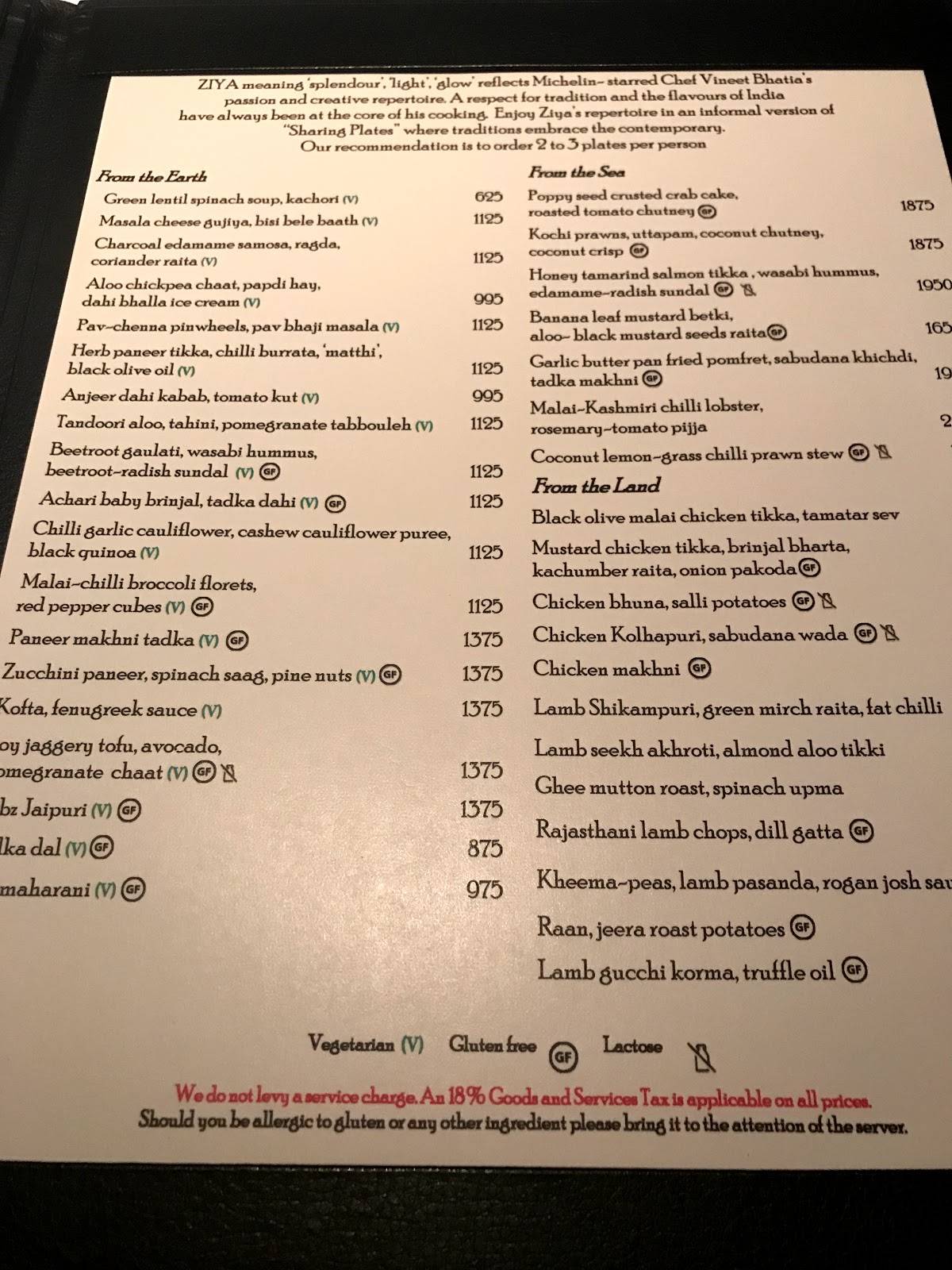Menu at Ziya Restaurant, Mumbai, The Oberoi