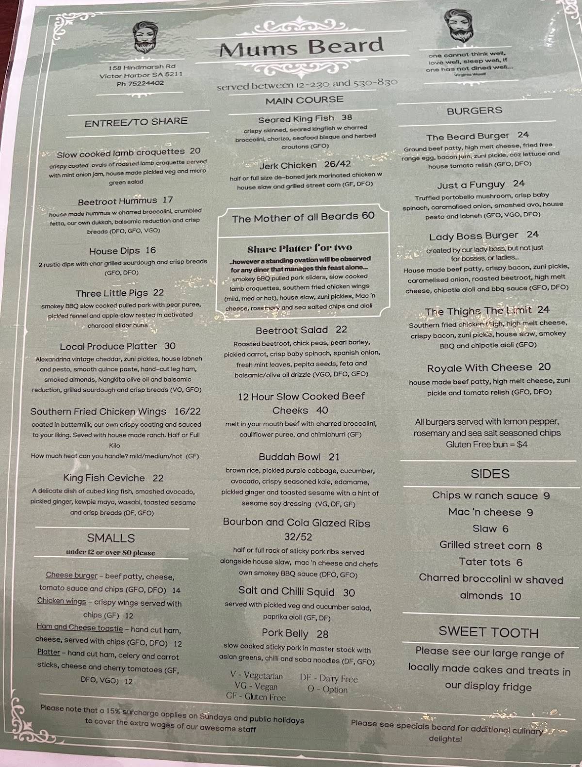 Menu at Mums Beard Cafe, Victor Harbor