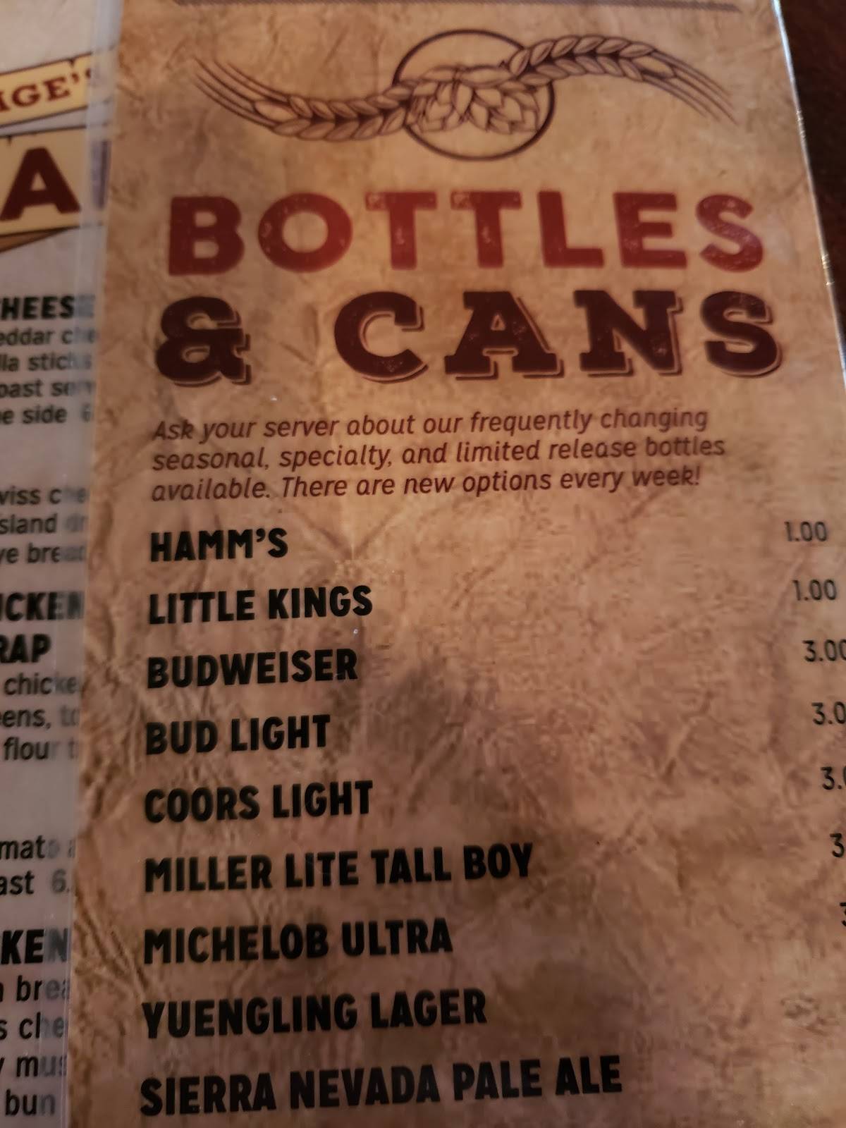 Menu at Savage's Ale House pub & bar, Muncie