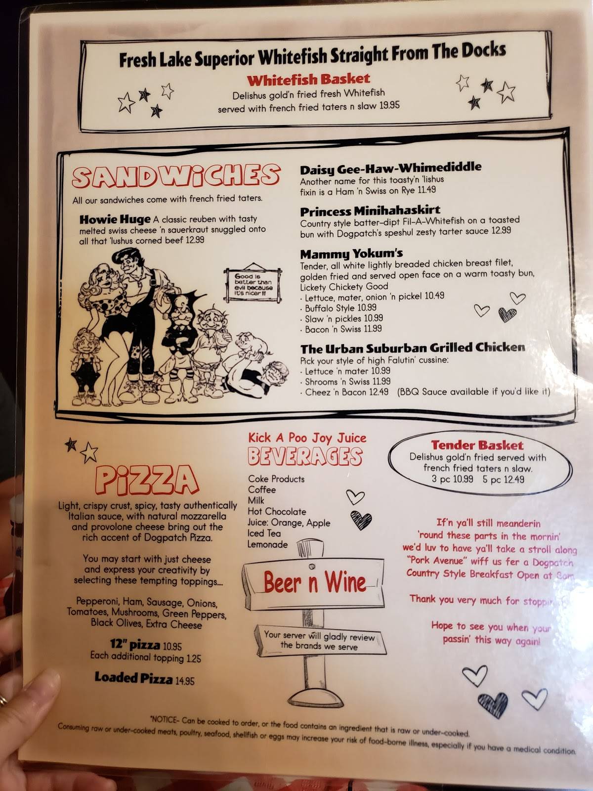 Menu at The Dogpatch Restaurant, Munising