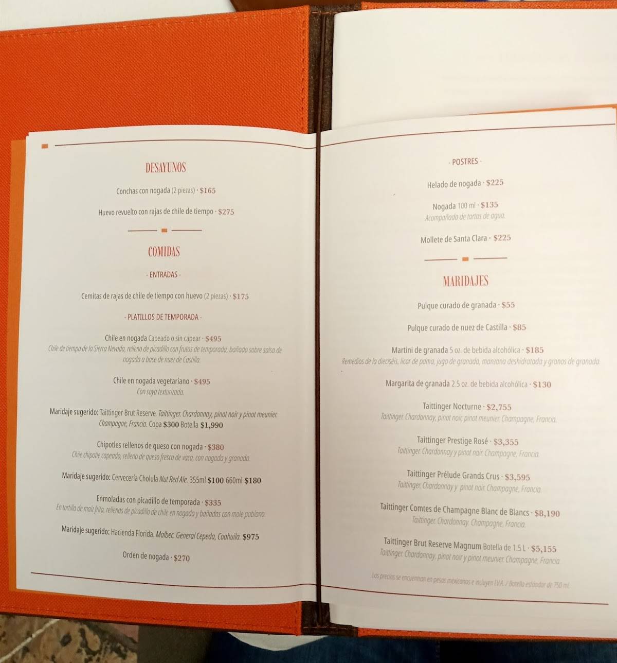 Carta del restaurante Mural del los Poblanos, Heroica Puebla del Zaragoza
