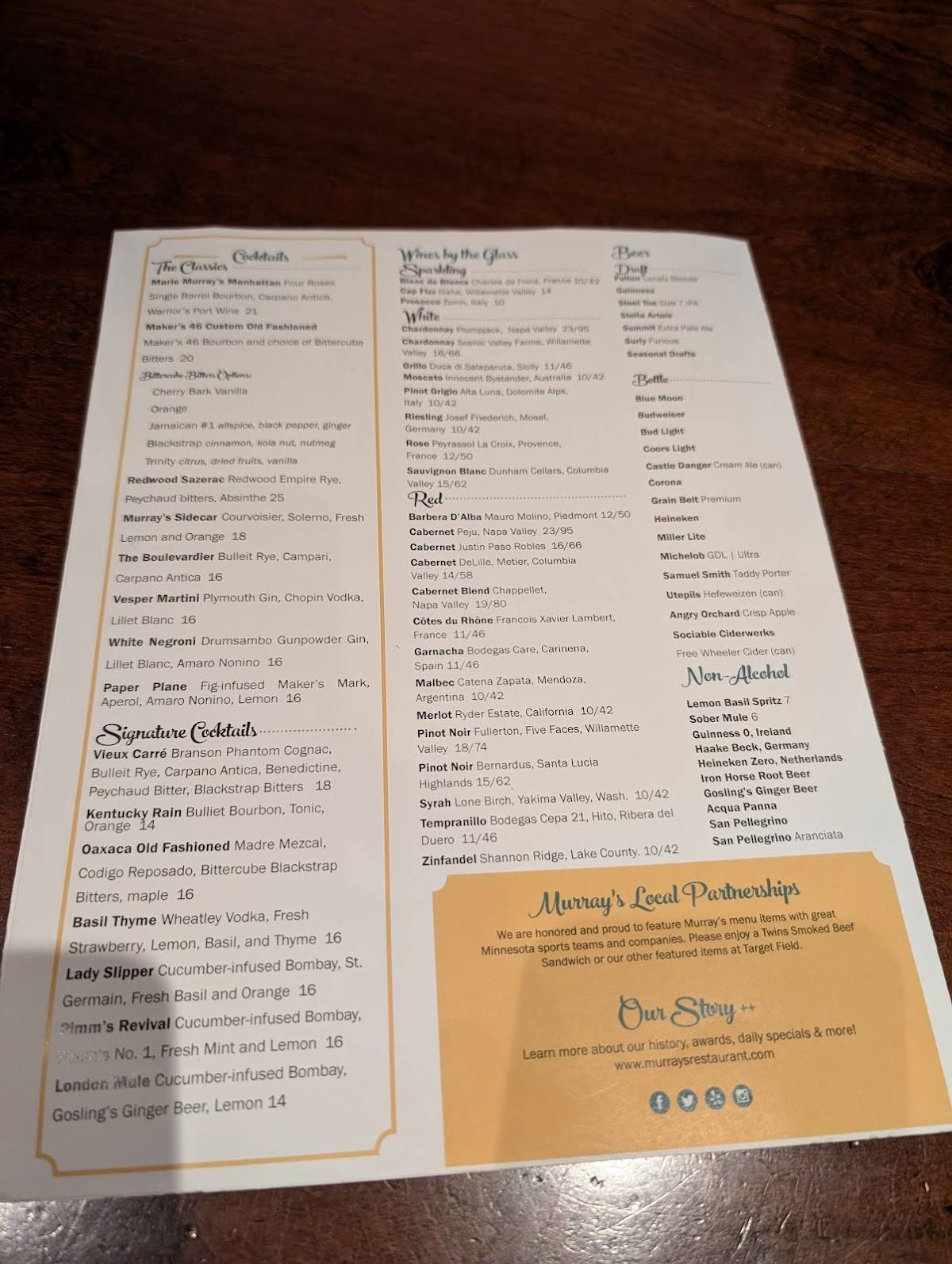 Menu at Murray's steakhouse, Minneapolis