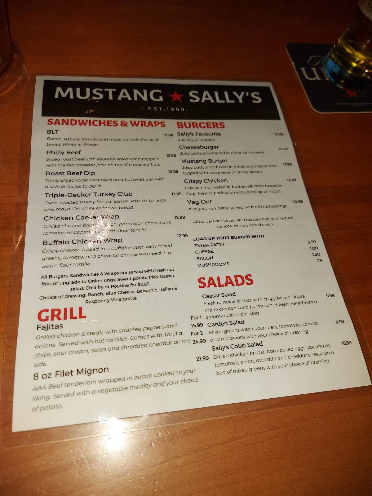 Menu at Mustang Sally's pub & bar, London