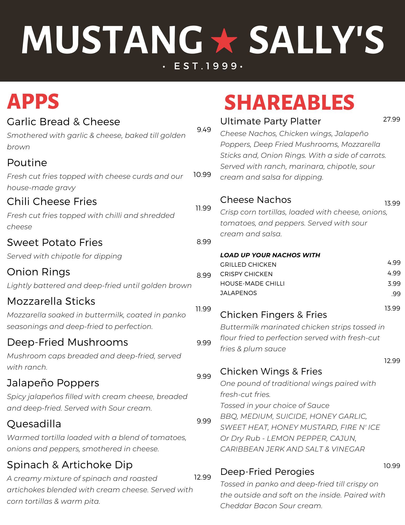 Menu at Mustang Sally's pub & bar, London