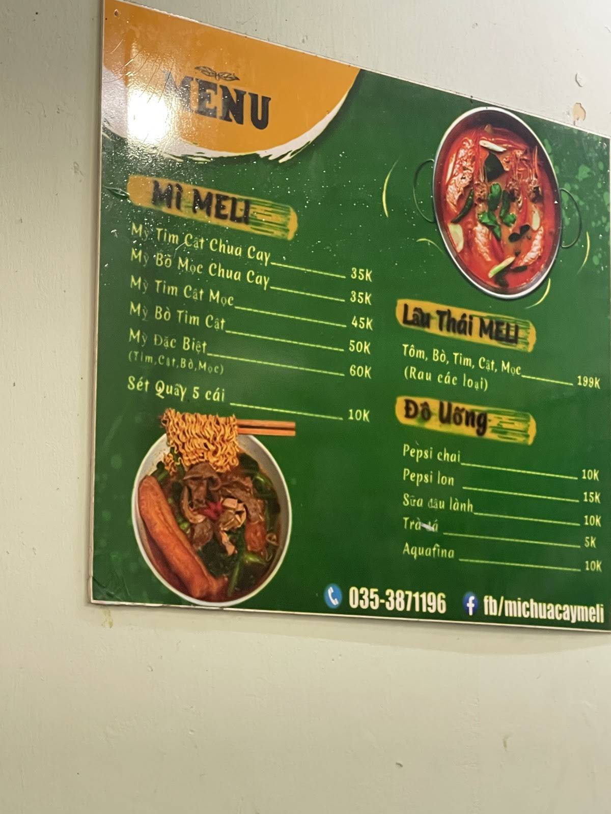 Menu at Mỳ Chua Cay Meli, Hanoi