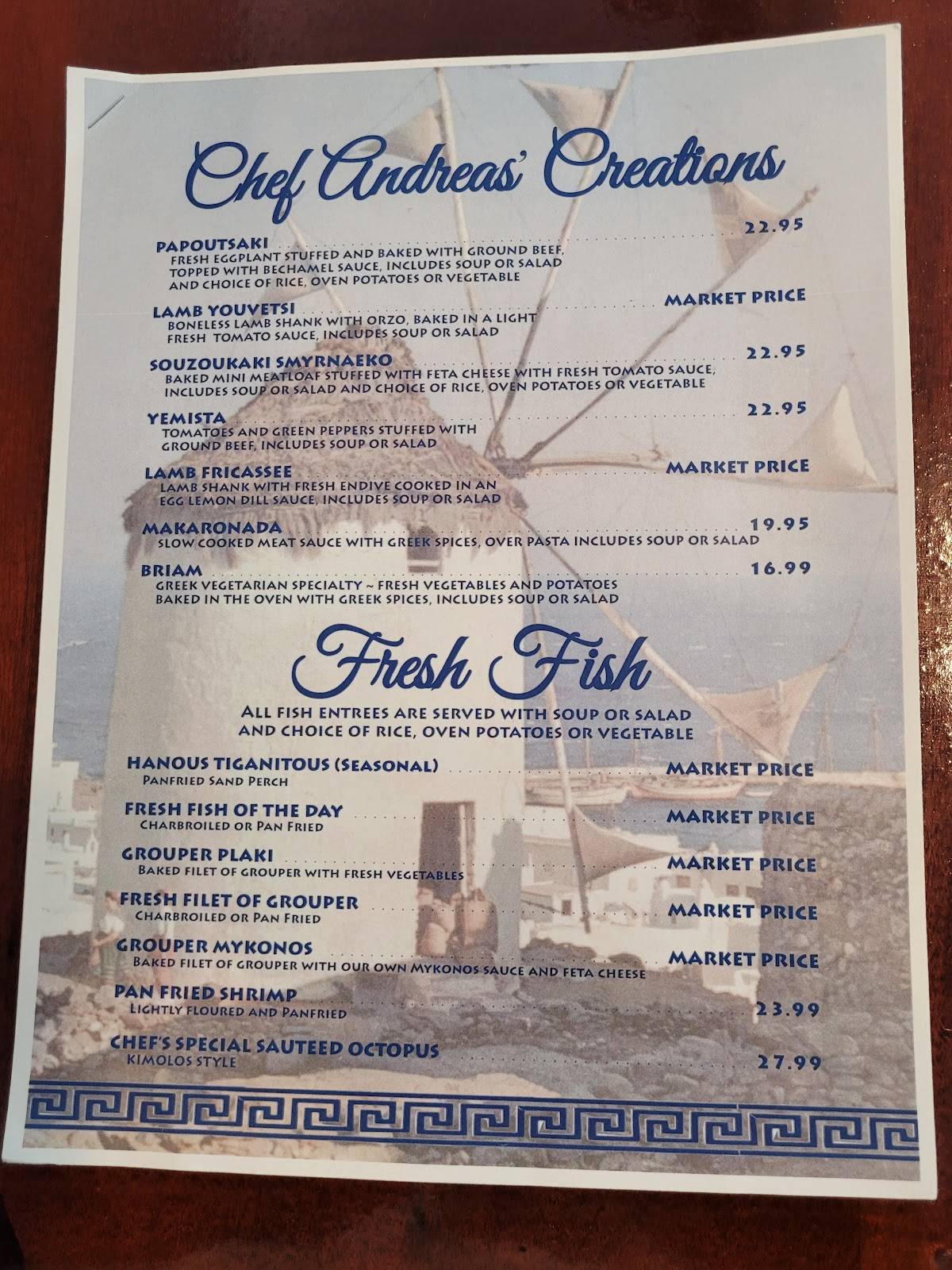 Menu at Mykonos restaurant, Tarpon Springs