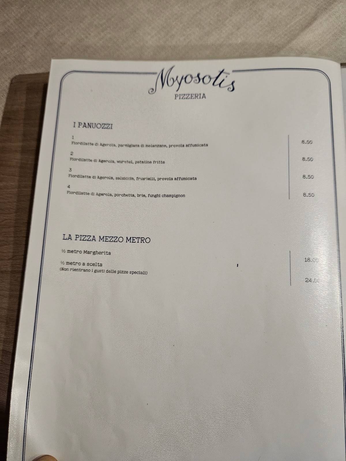 Menu at Myosotis pizzeria, Mirano