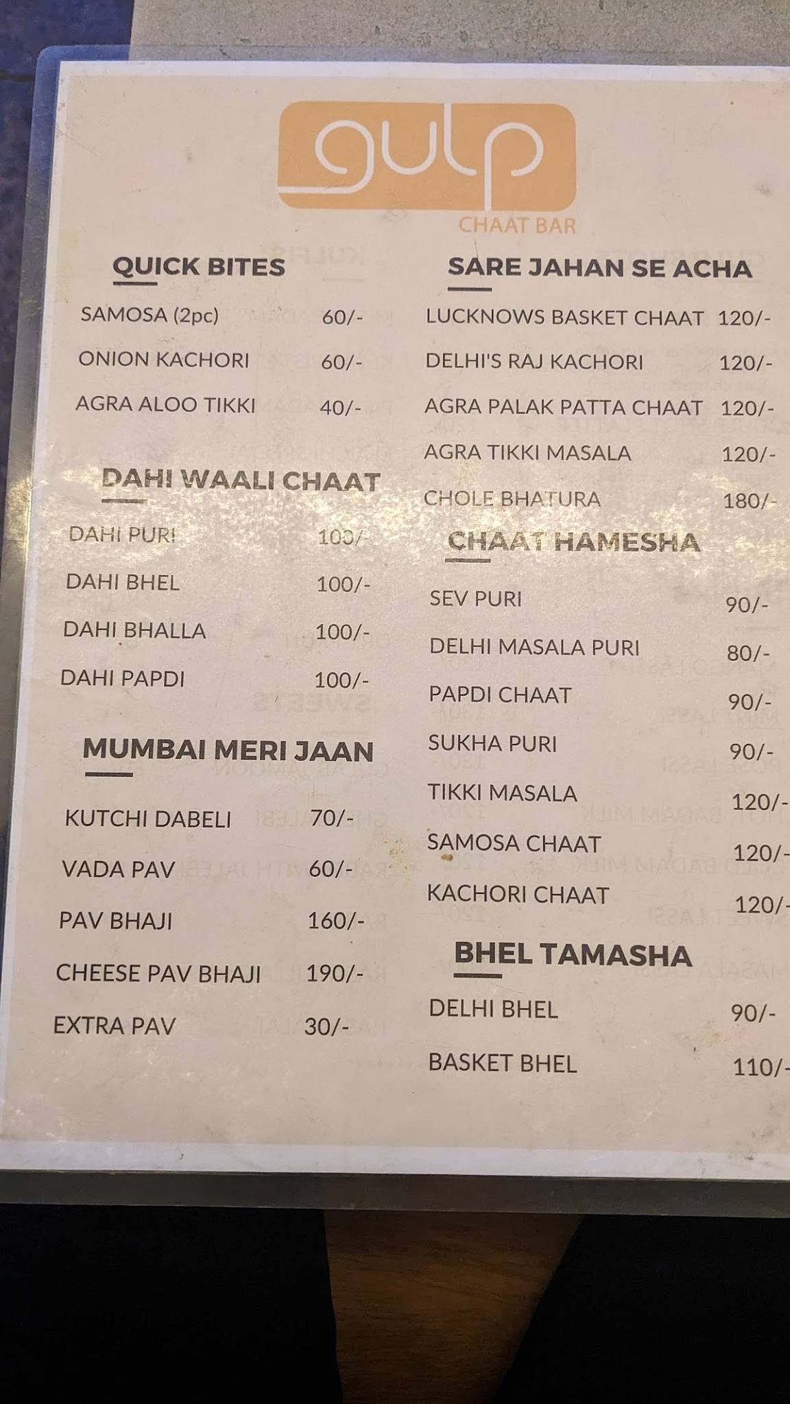 Menu at Gulp Chaat Bar, Mysuru