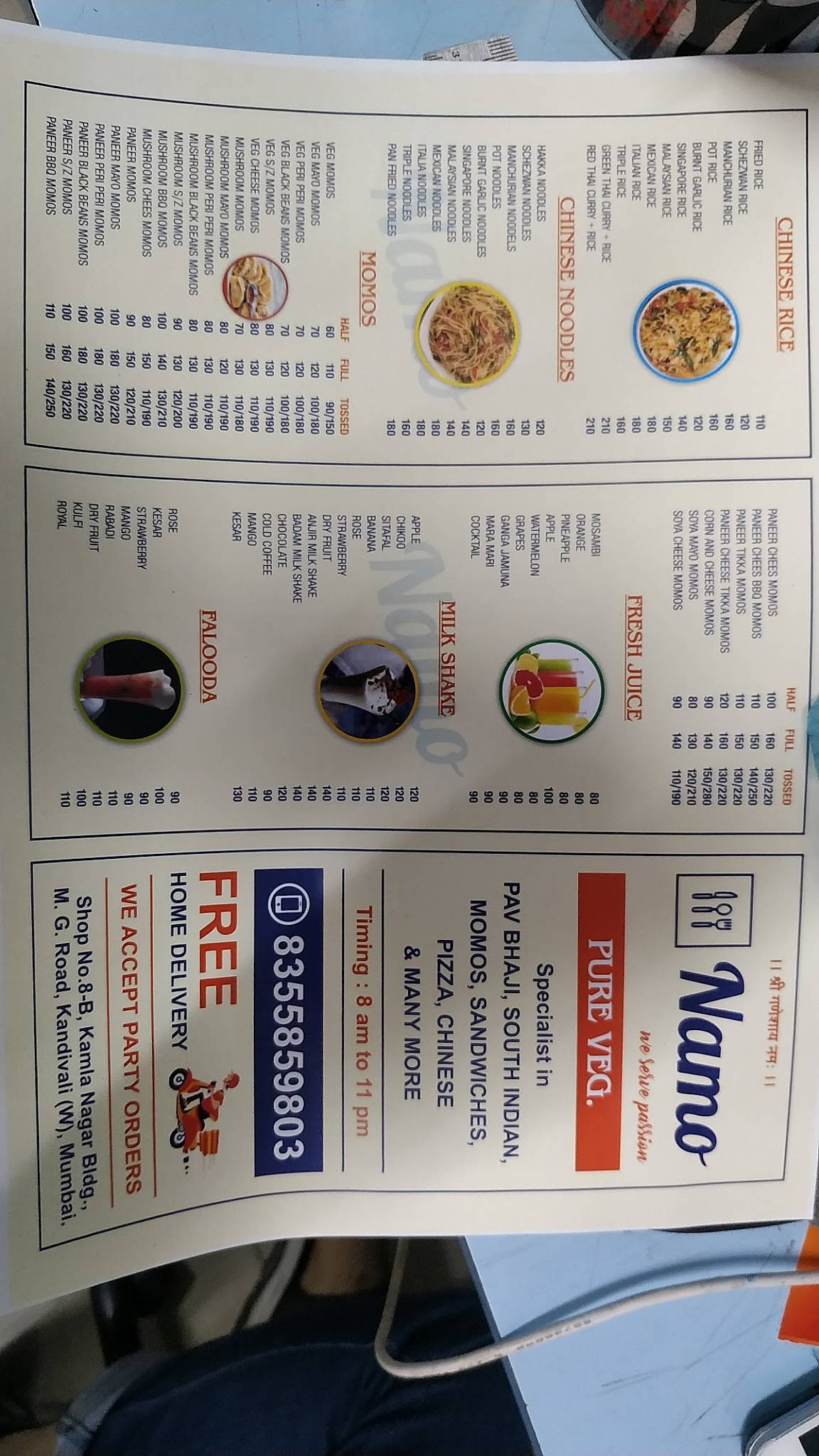 Menu at NAMO, Mumbai