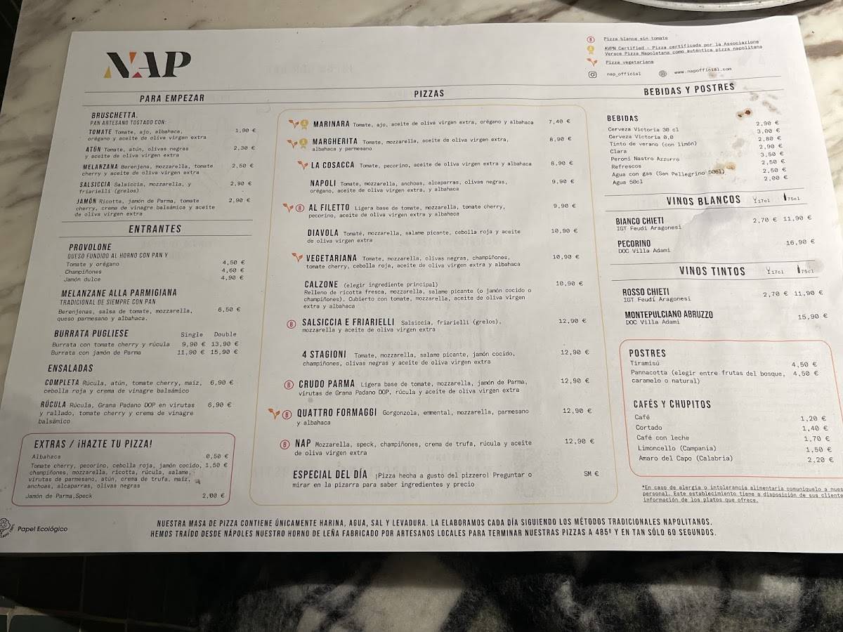 Carta de pizzería NAP, Madrid, C. del Cardenal Cisneros