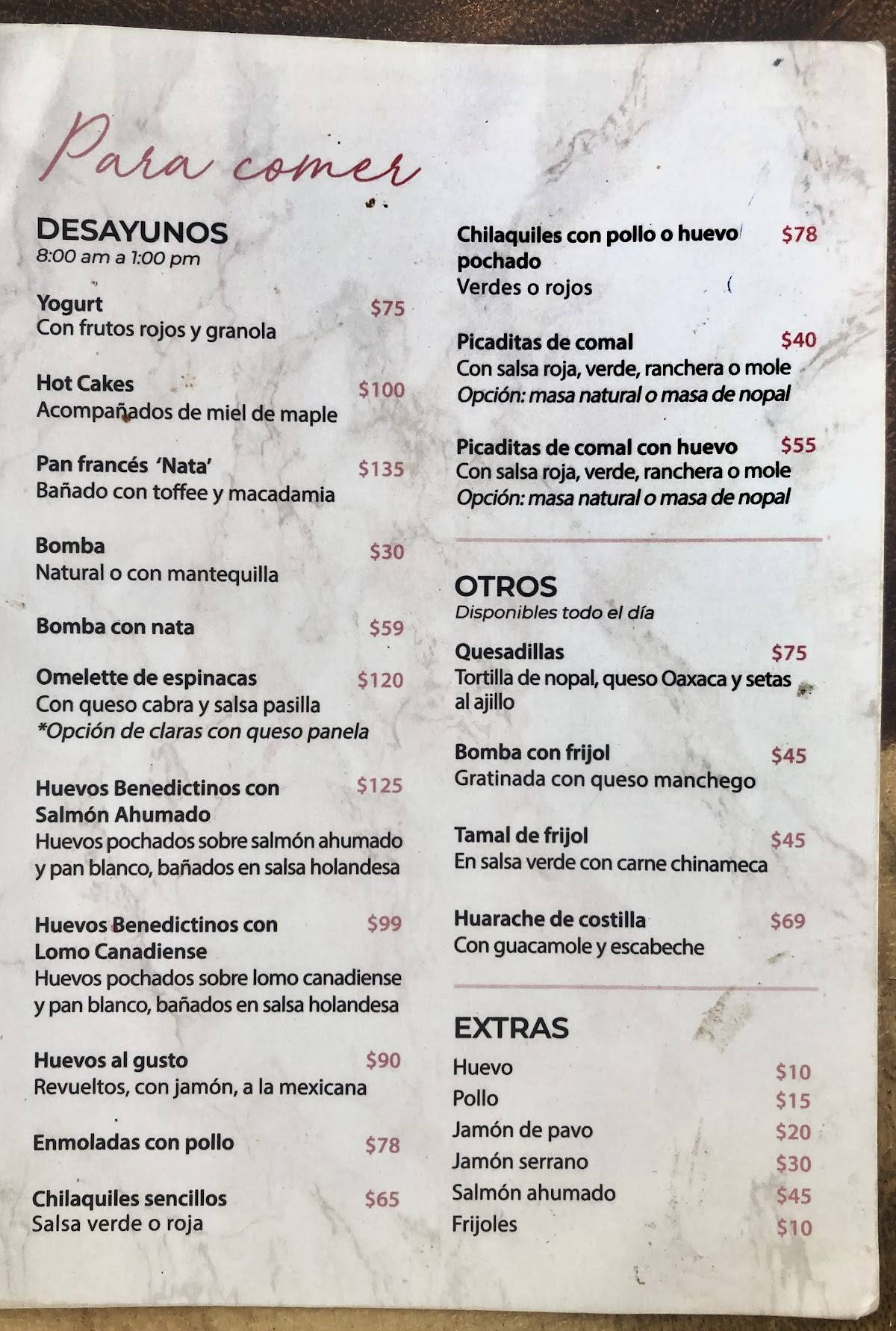 Carta de NATA CAFETERÍA Reforma, Veracruz